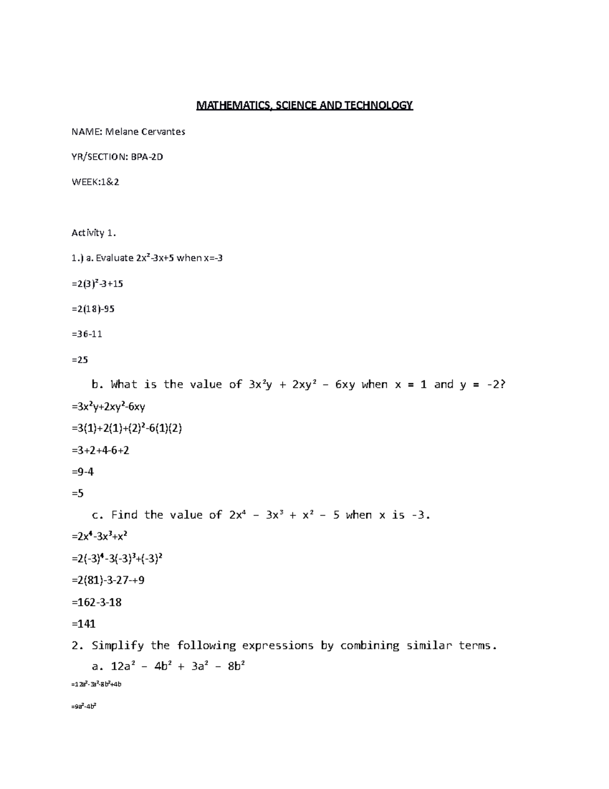 MST Answer - Math - MATHEMATICS, SCIENCE AND TECHNOLOGY NAME: Melane ...