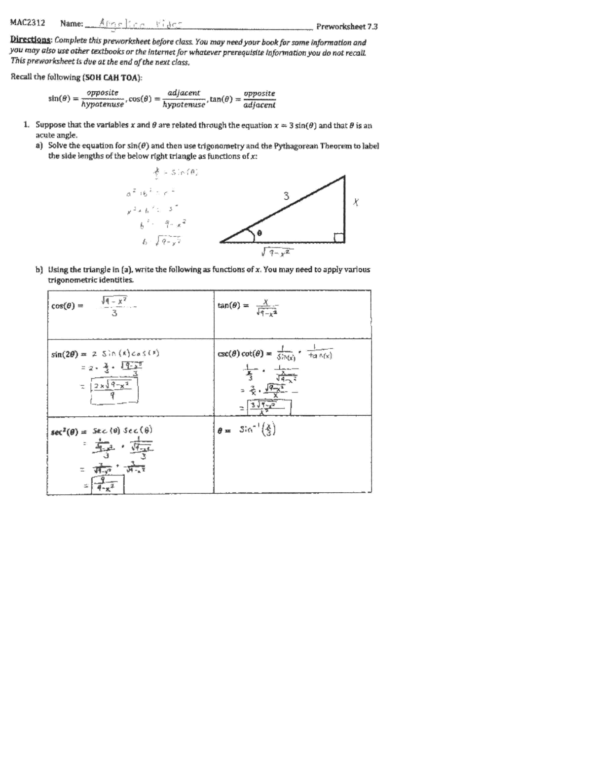 Preworksheet 7.3 (Angelica Vides) MAC 2312-002 - MAC2312 Name: Angelice ...