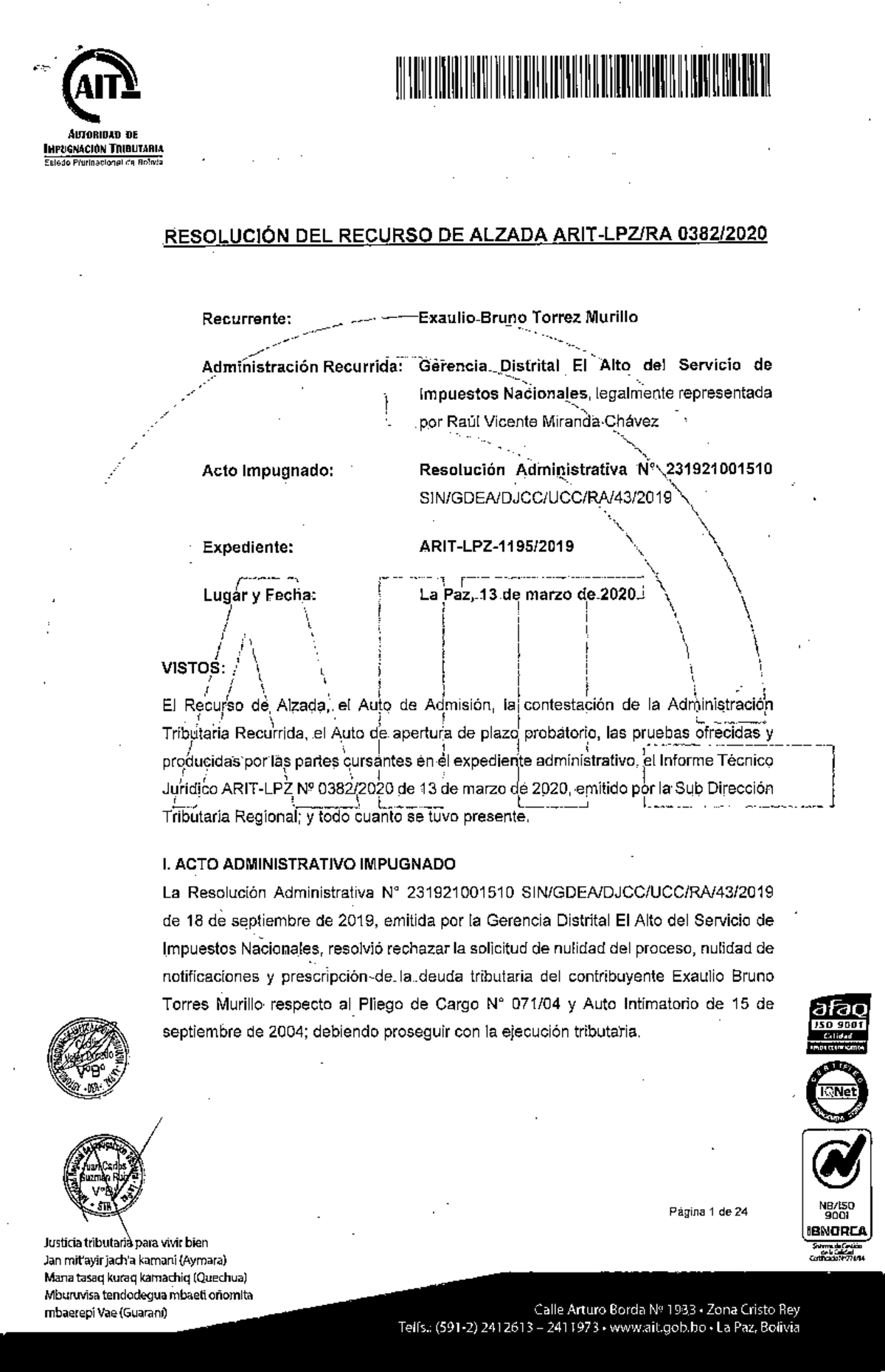 ARIT LPZ RA 0382 2020 - ANALISIS - Sistema Tributario - Studocu