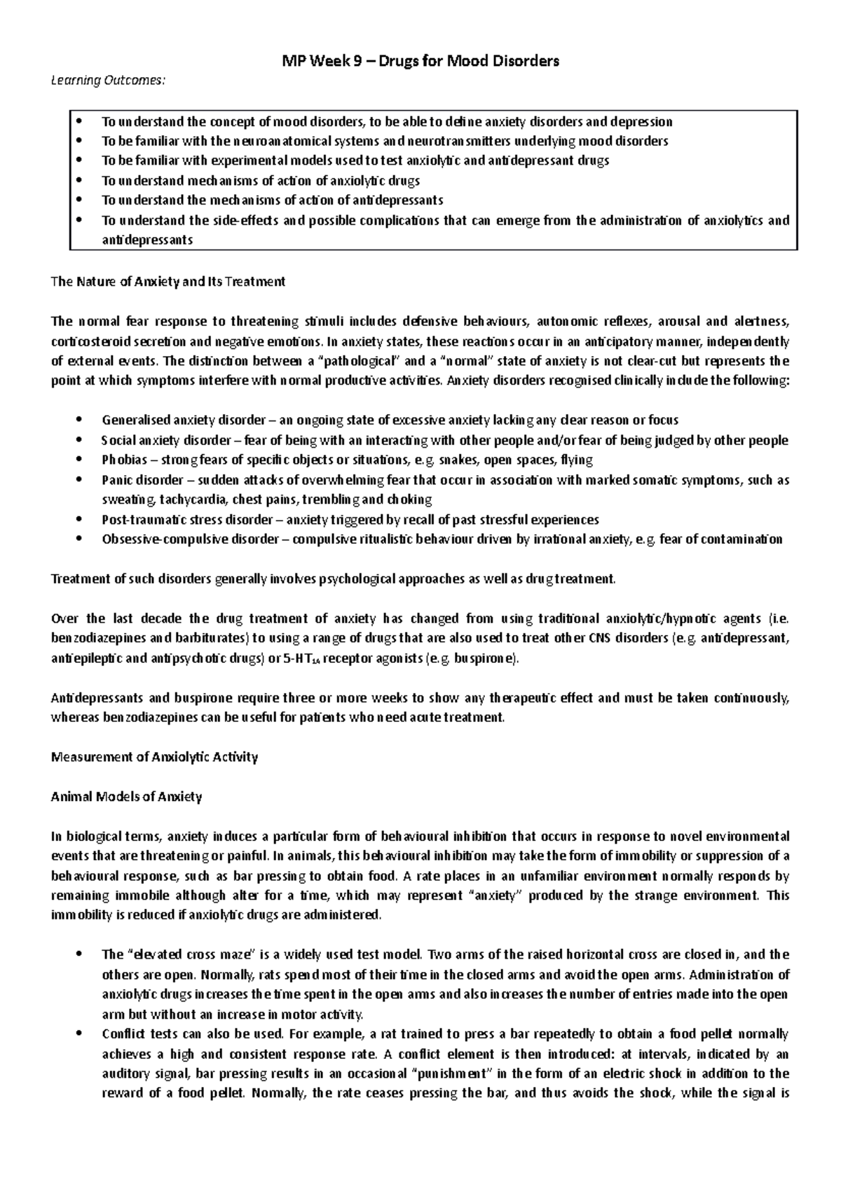 MP Week 9 Summary - Learning Outcomes: MP Week 9 Drugs for Mood ...