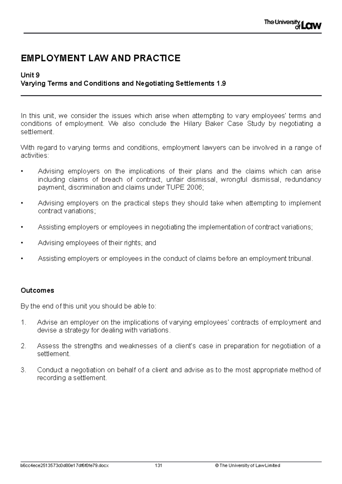 W9 - lecture notes for employment law ULAW - EMPLOYMENT LAW AND ...