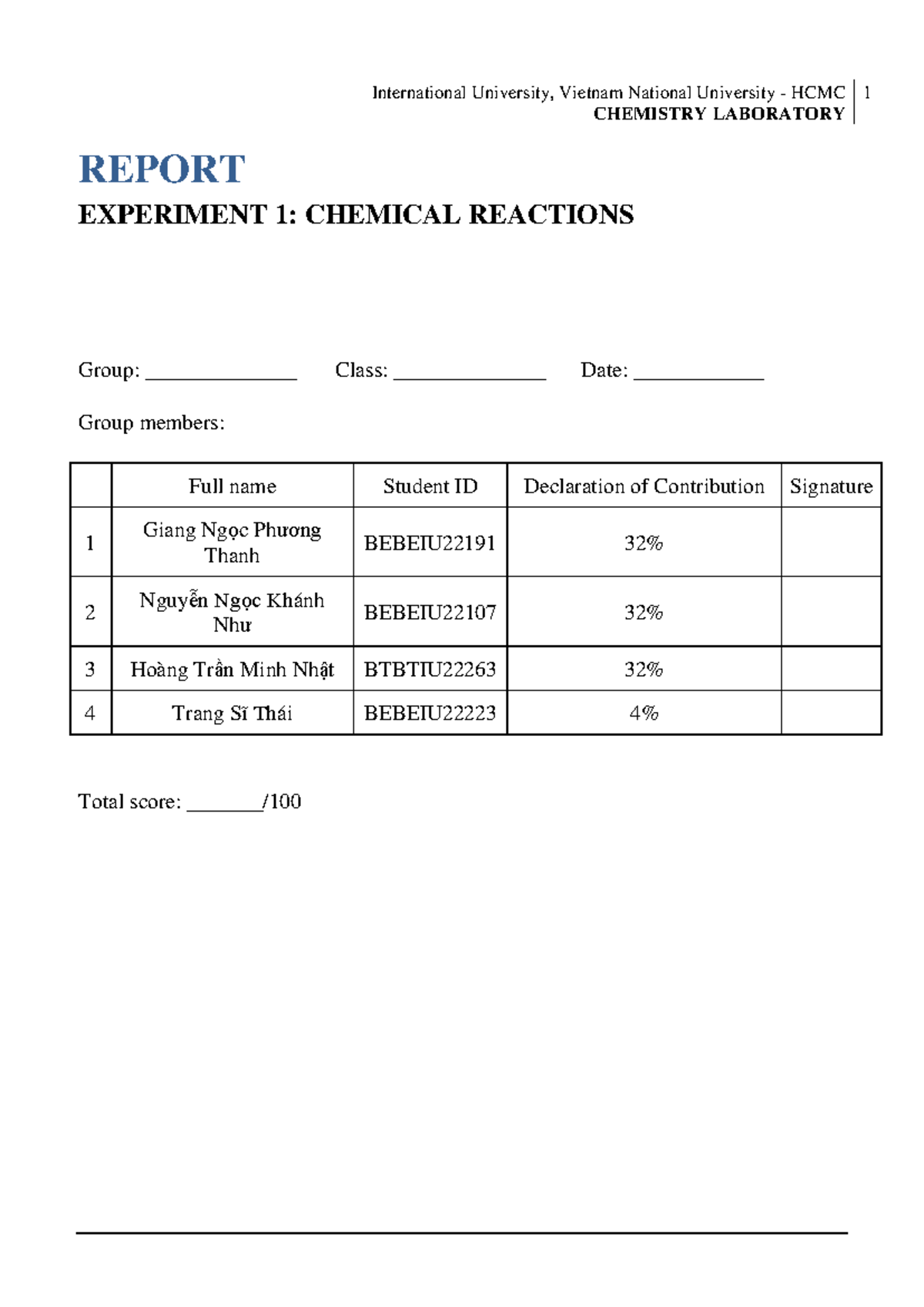 LAB 1 - report1 - CHEMISTRY LABORATORY REPORT EXPERIMENT 1: CHEMICAL ...