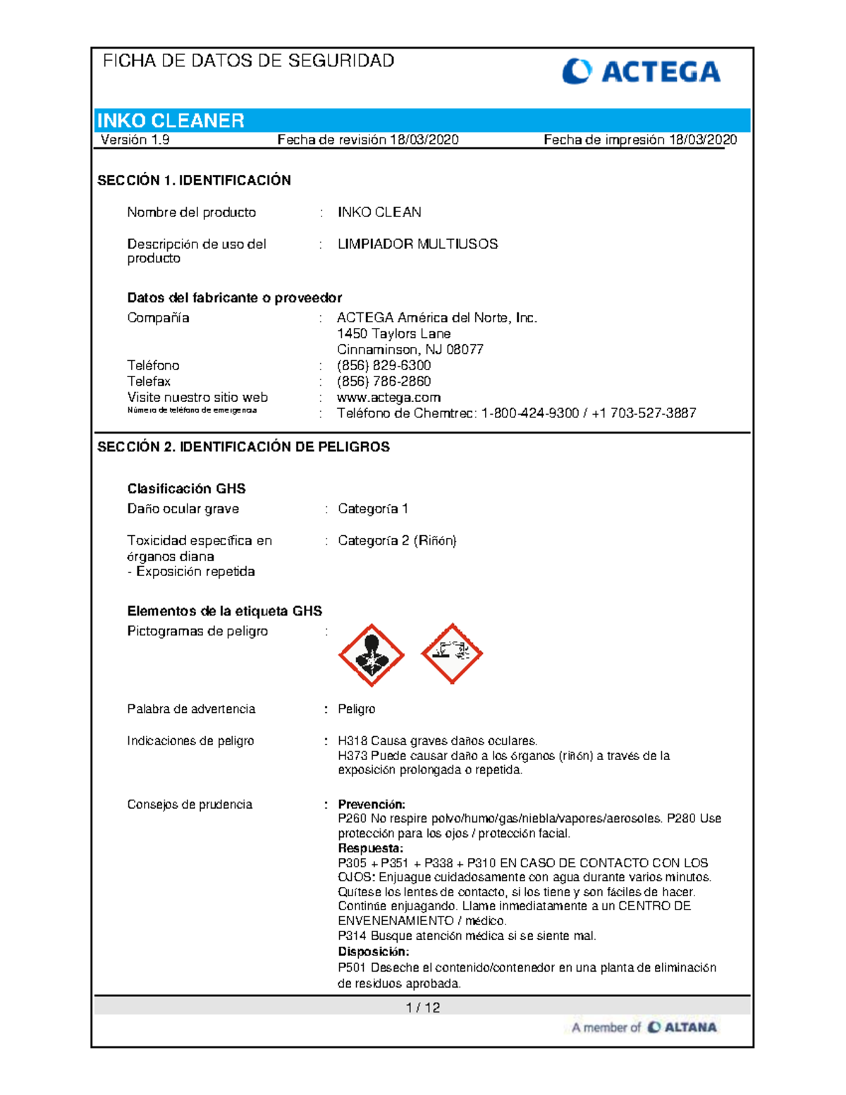 Inko Cleaner - Hoja de datos de seguridad - INKO CLEANER Versión 1 ...