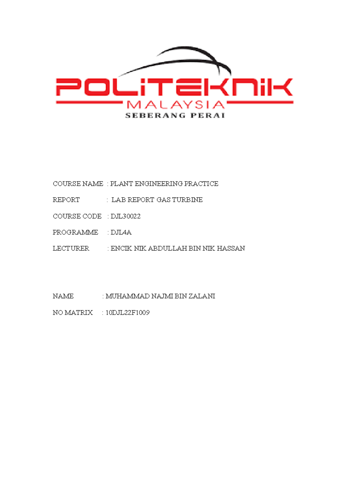 Cover page bengkel - Mechanical Engineering - COURSE NAME : PLANT ...