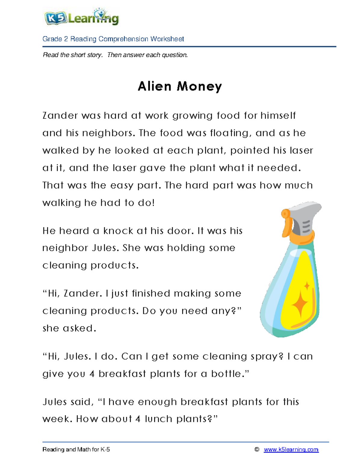 2nd grade 2 reading alien money - Read the short story. Then answer ...