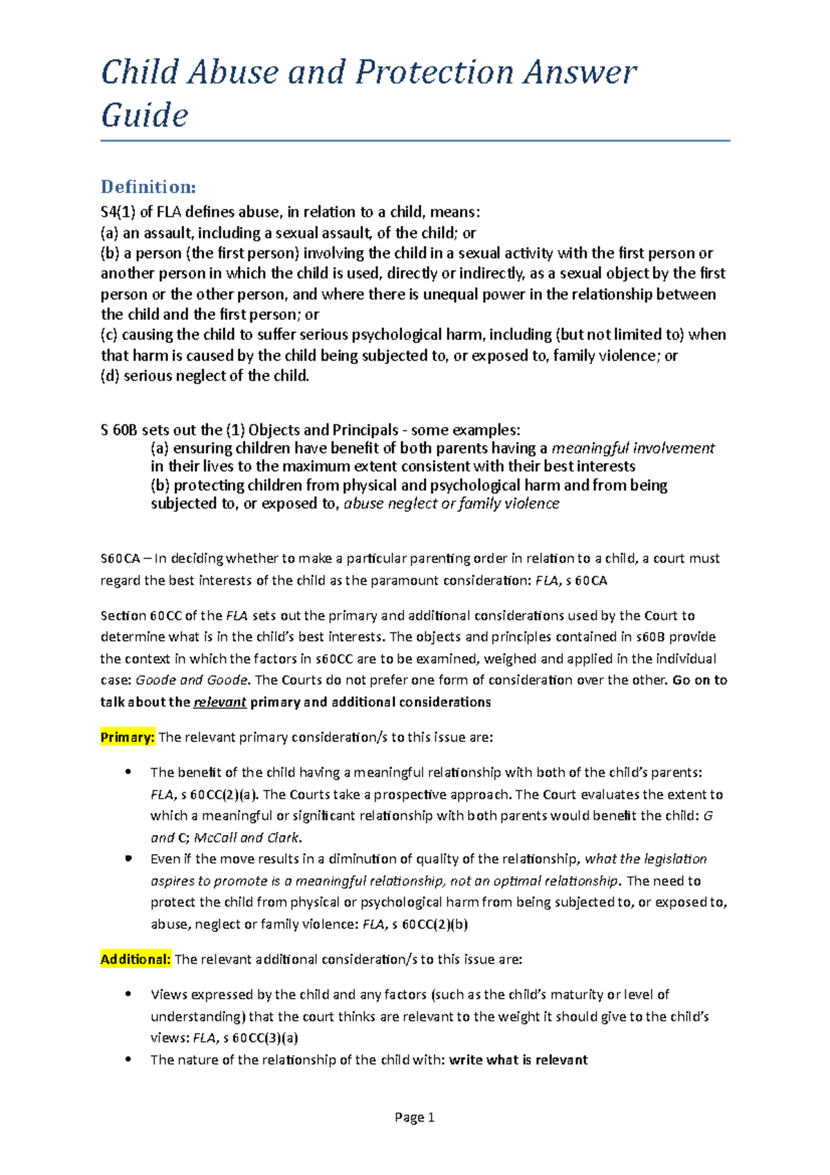 Child Abuse and Protect Answer Guide - Child Abuse and Protection ...