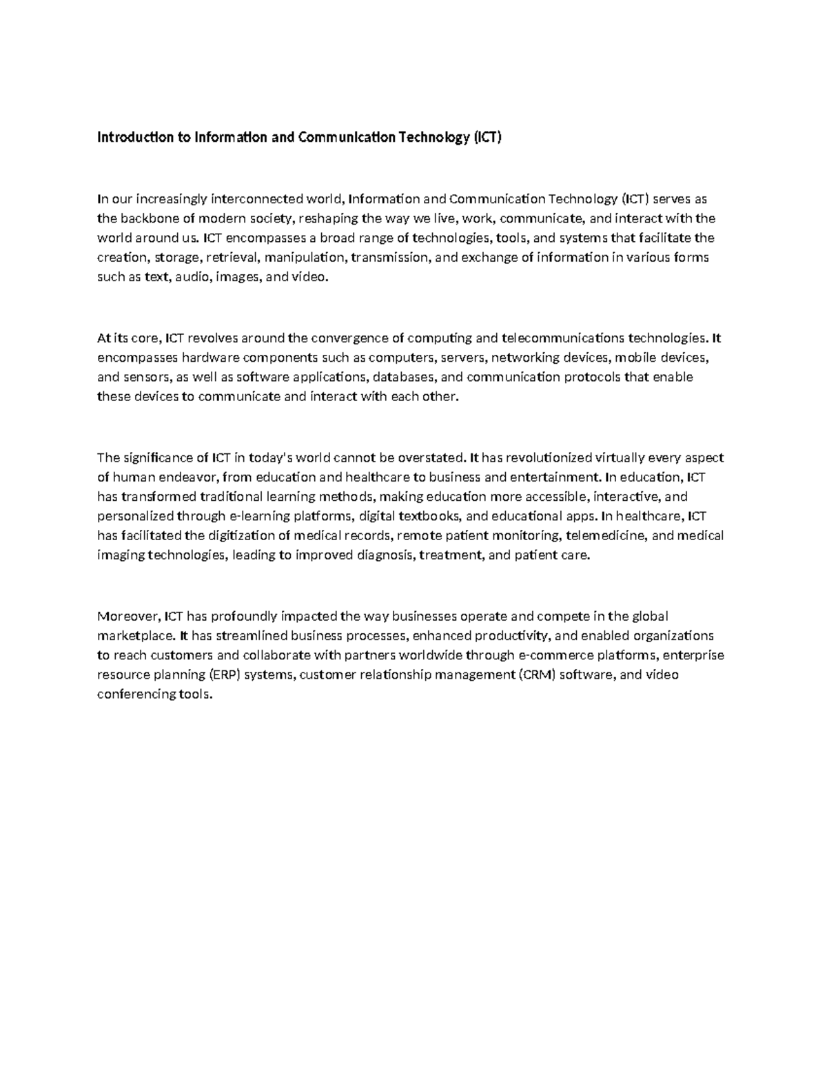 ICT Stdc - Introduction to Information and Communication Technology (ICT) In our increasingly ...