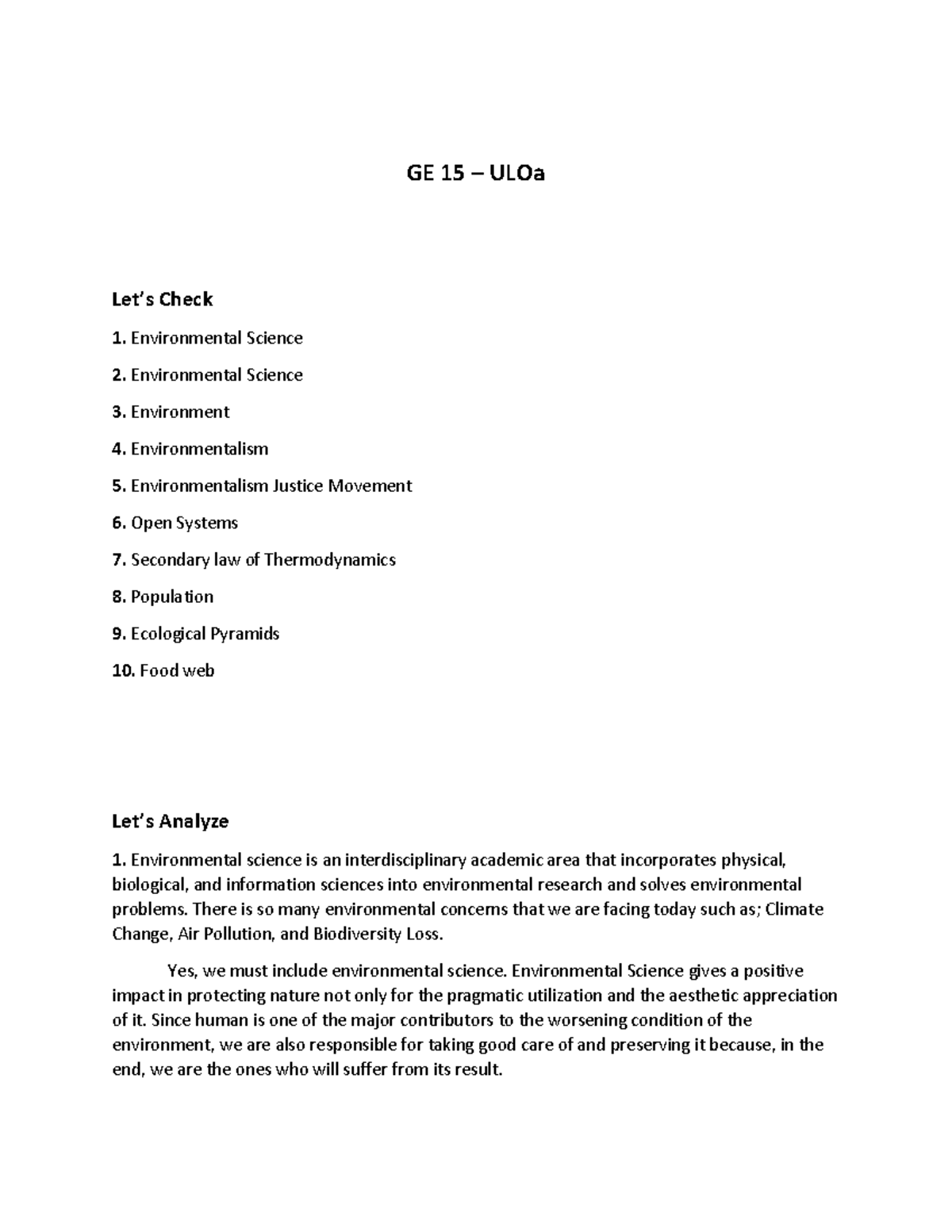 GE15 ULOa - Notes - GE 15 – ULOa Let’s Check Environmental Science ...