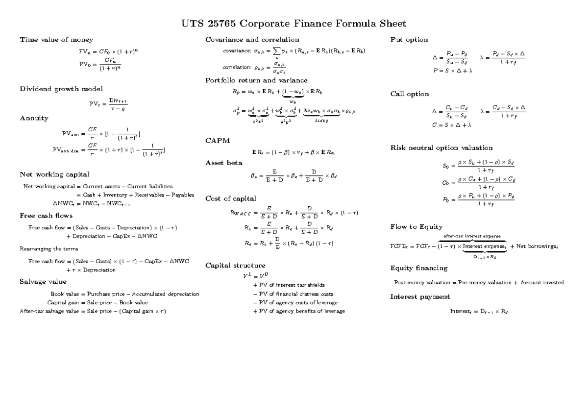 25765 formula sheet - Summary Corporate Finance - UTS 25765 Corporate ...