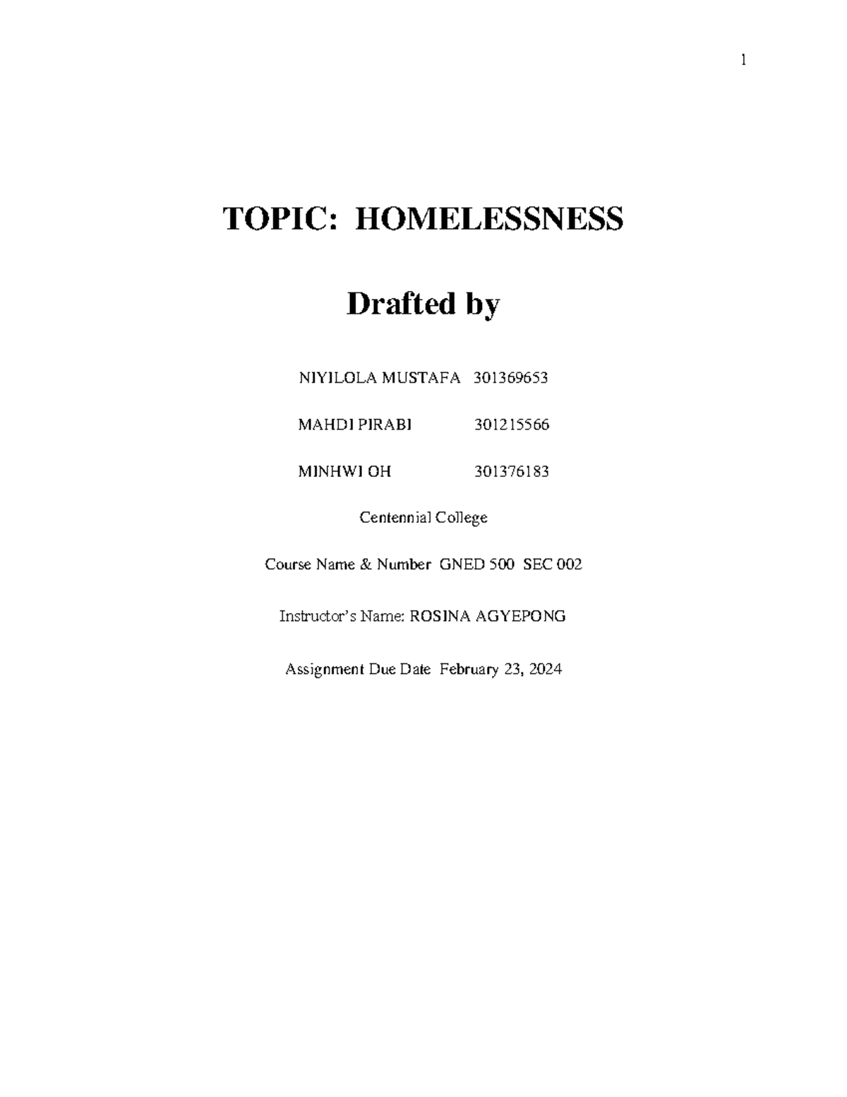 Assignment gned 500. updated - TOPIC: HOMELESSNESS Drafted by NIYILOLA ...