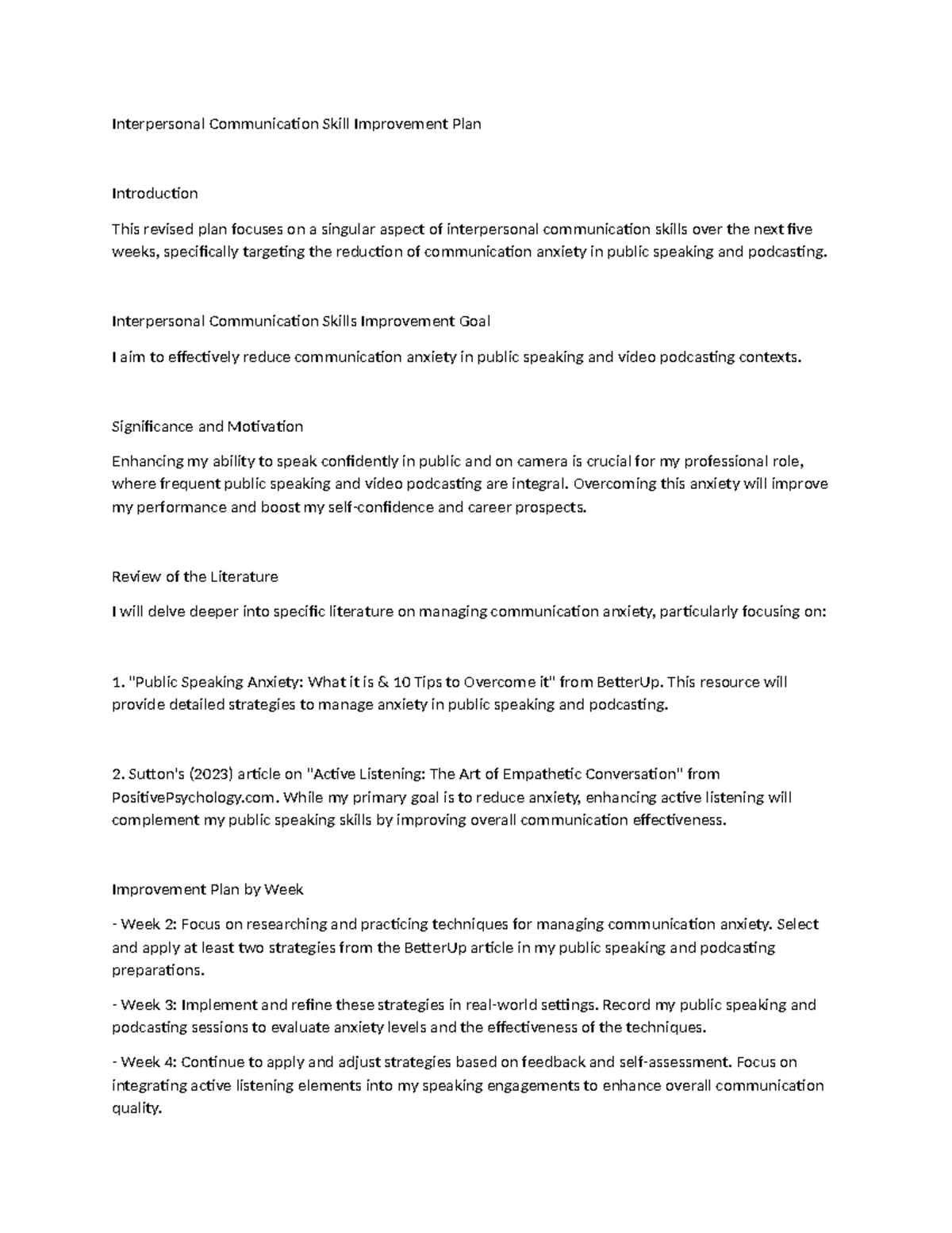 Week 1 Assignment - Interpersonal Communication Skill Improvement Plan ...