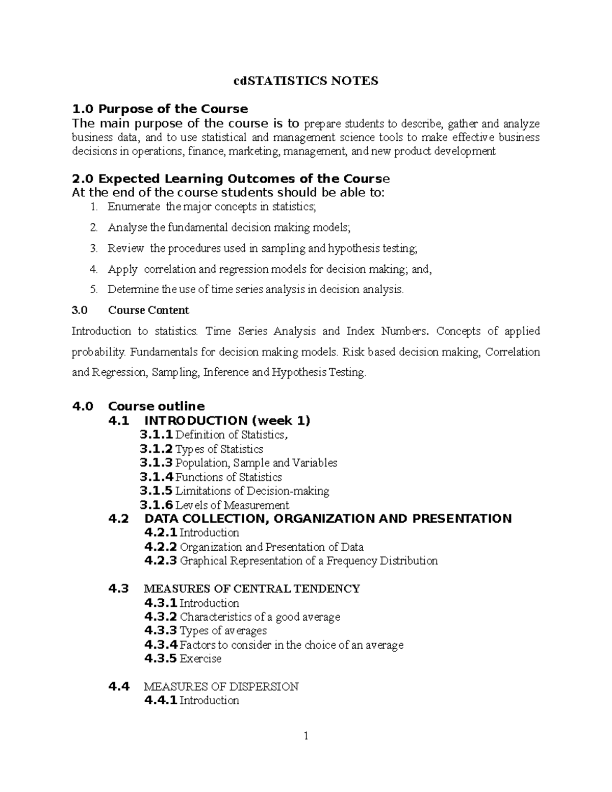 Statistics Notes 2022 - cdSTATISTICS NOTES 1 Purpose of the Course The ...