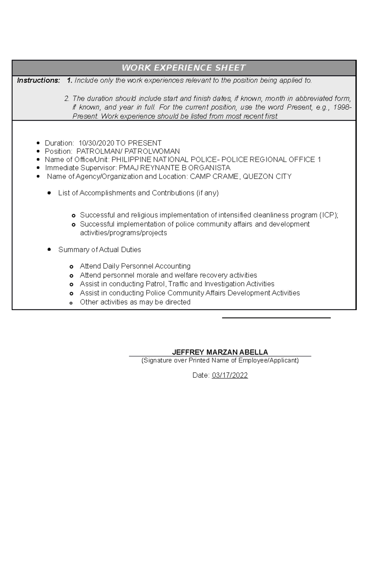 Work Experience Sheet 4 - WORK EXPERIENCE SHEET Instructions: 1 ...