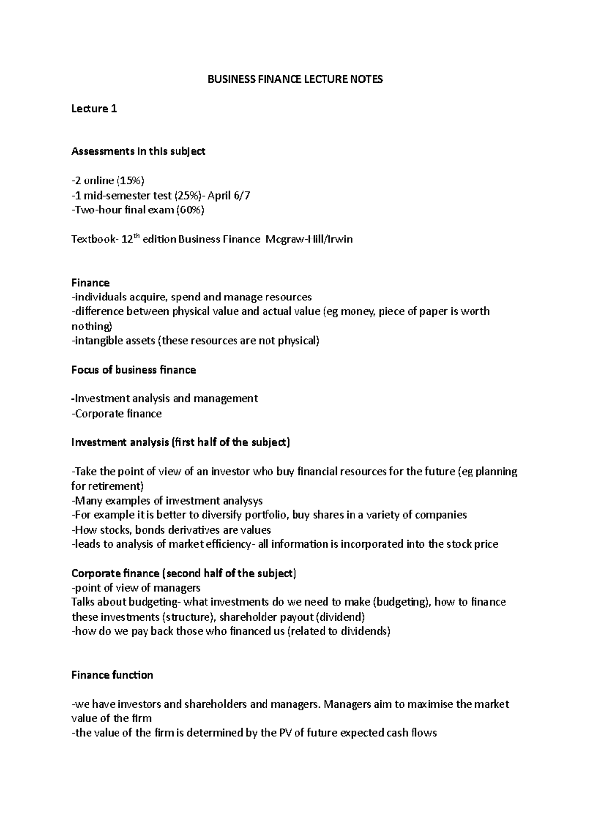 Business Finance Lecture Notes - BUSINESS FINANCE LECTURE NOTES Lecture ...