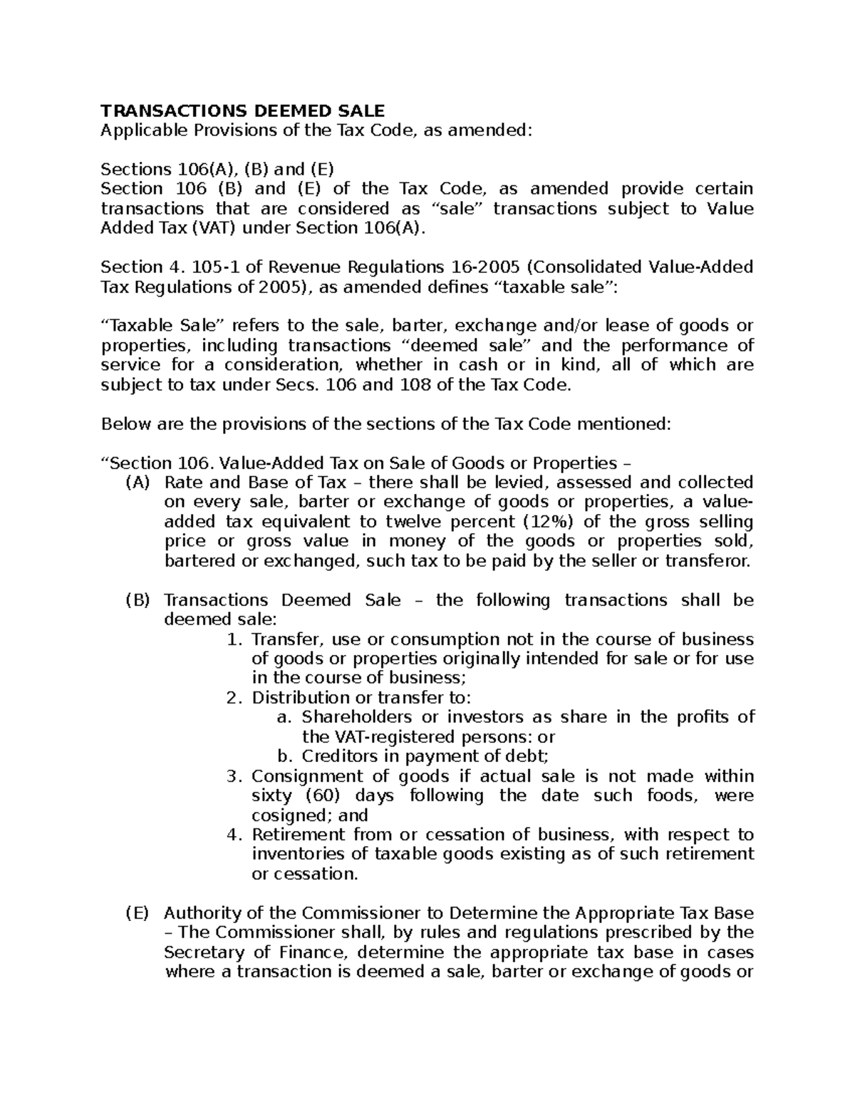 Transactions Deemed SALE - TRANSACTIONS DEEMED SALE Applicable ...