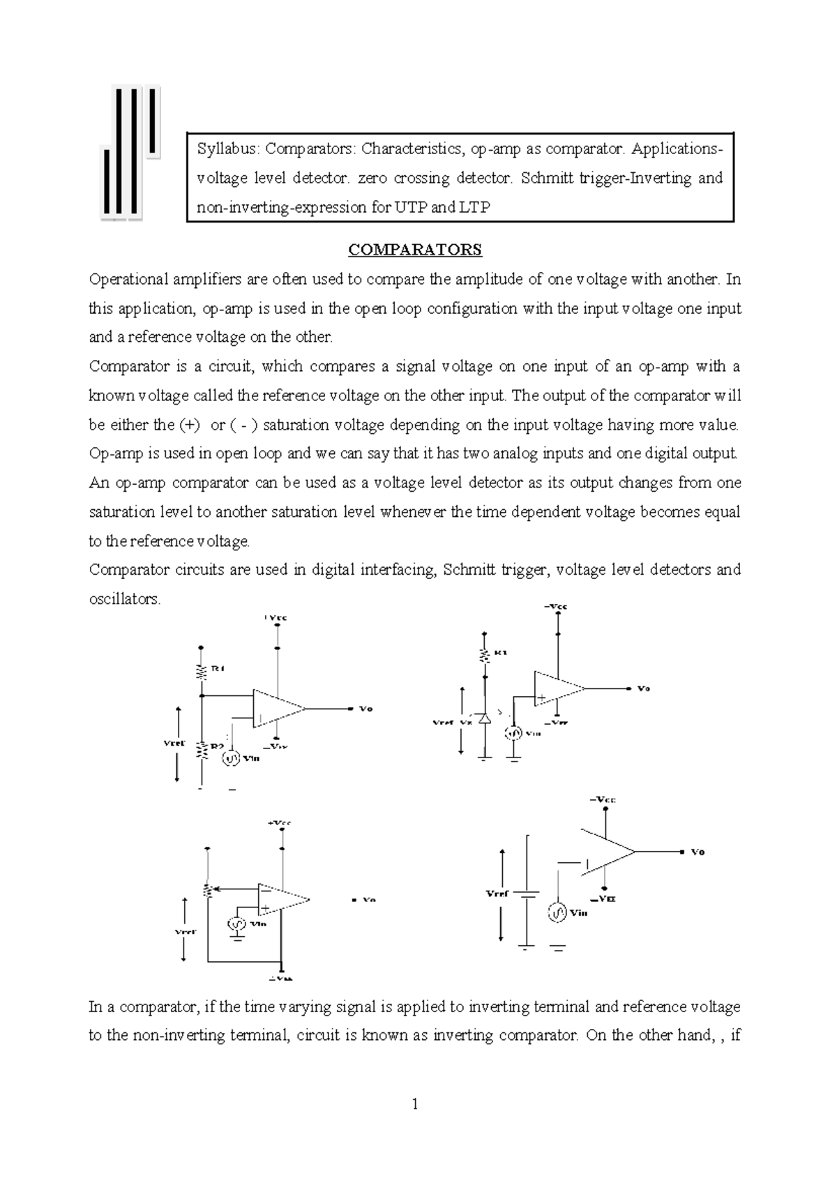 Comparators - notes - COMPARATORS Operational amplifiers are often used ...
