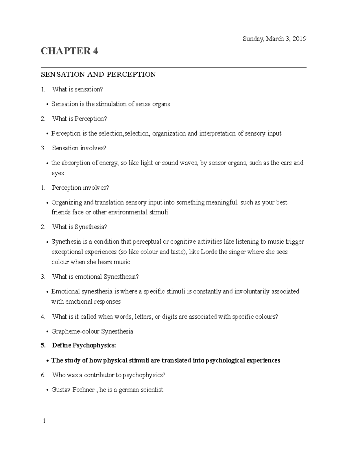 CH 4 - Chapter 4 notes - CHAPTER 4 SENSATION AND PERCEPTION What is ...