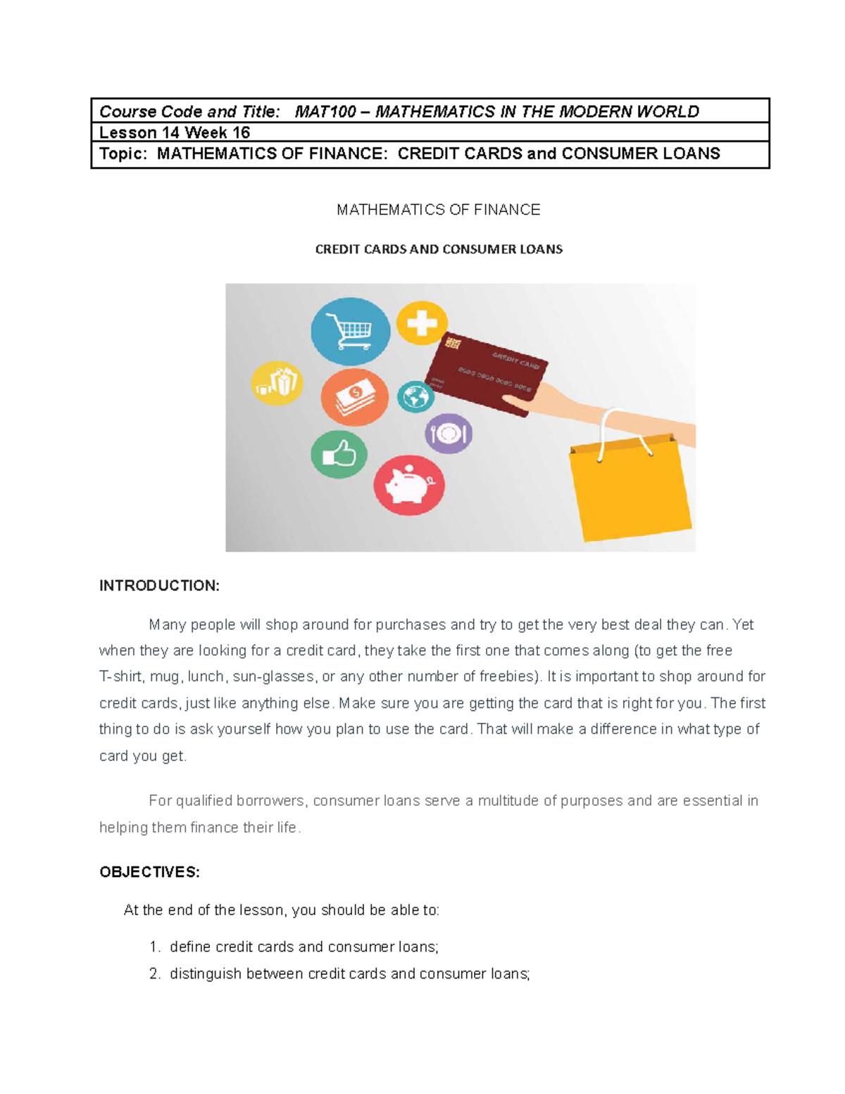 MMW Lesson 14 Week 16 - Mathematics OF Finance - Credit Cards ...