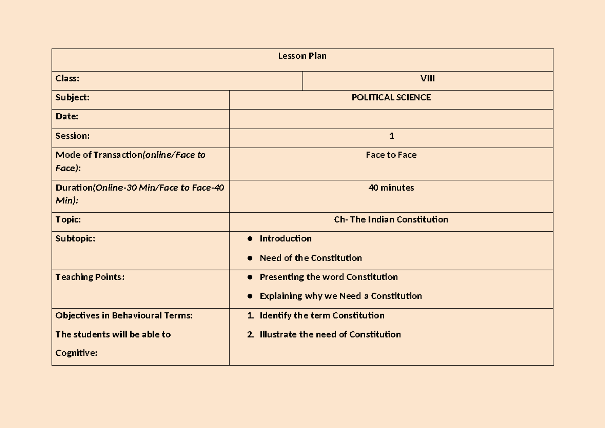 AD LP5 - Lesson Plan for Social Science - Lesson Plan Class: VIII ...