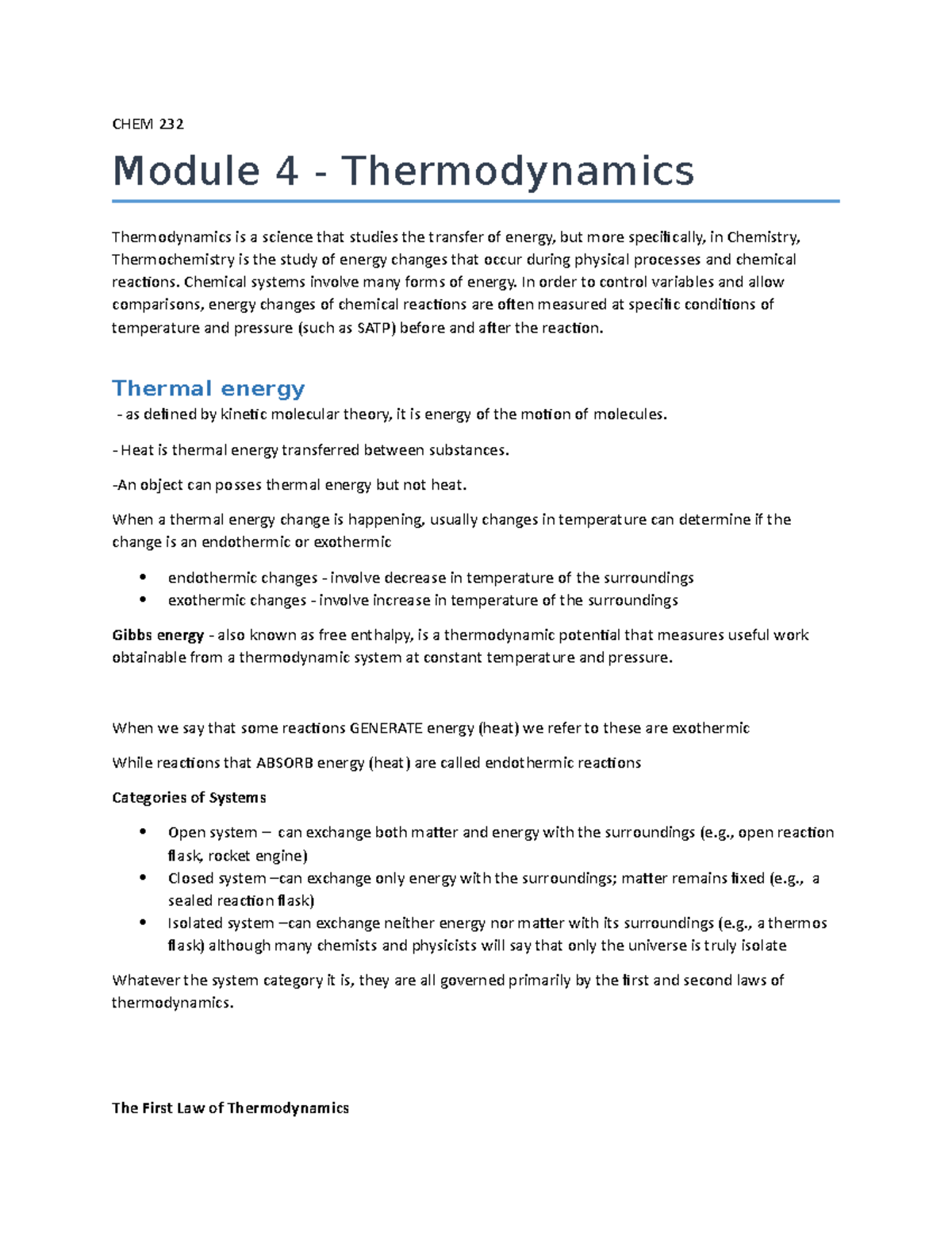 CHEM 232 module 4 thermodynamics notes - CHEM 232 Module 4 ...