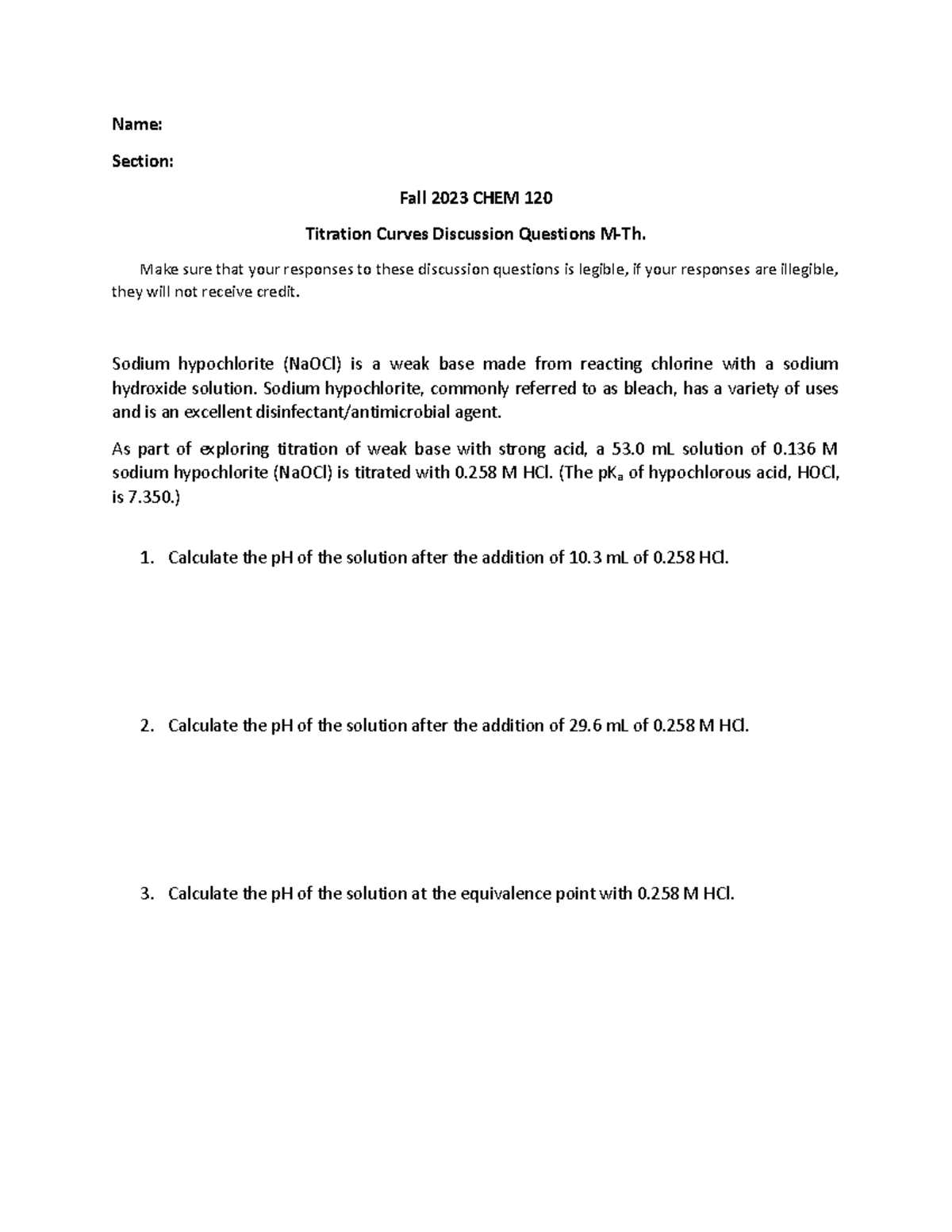 Fall23-Titration Curves-Discussion Questions - Name: Section: Fall 2023 ...