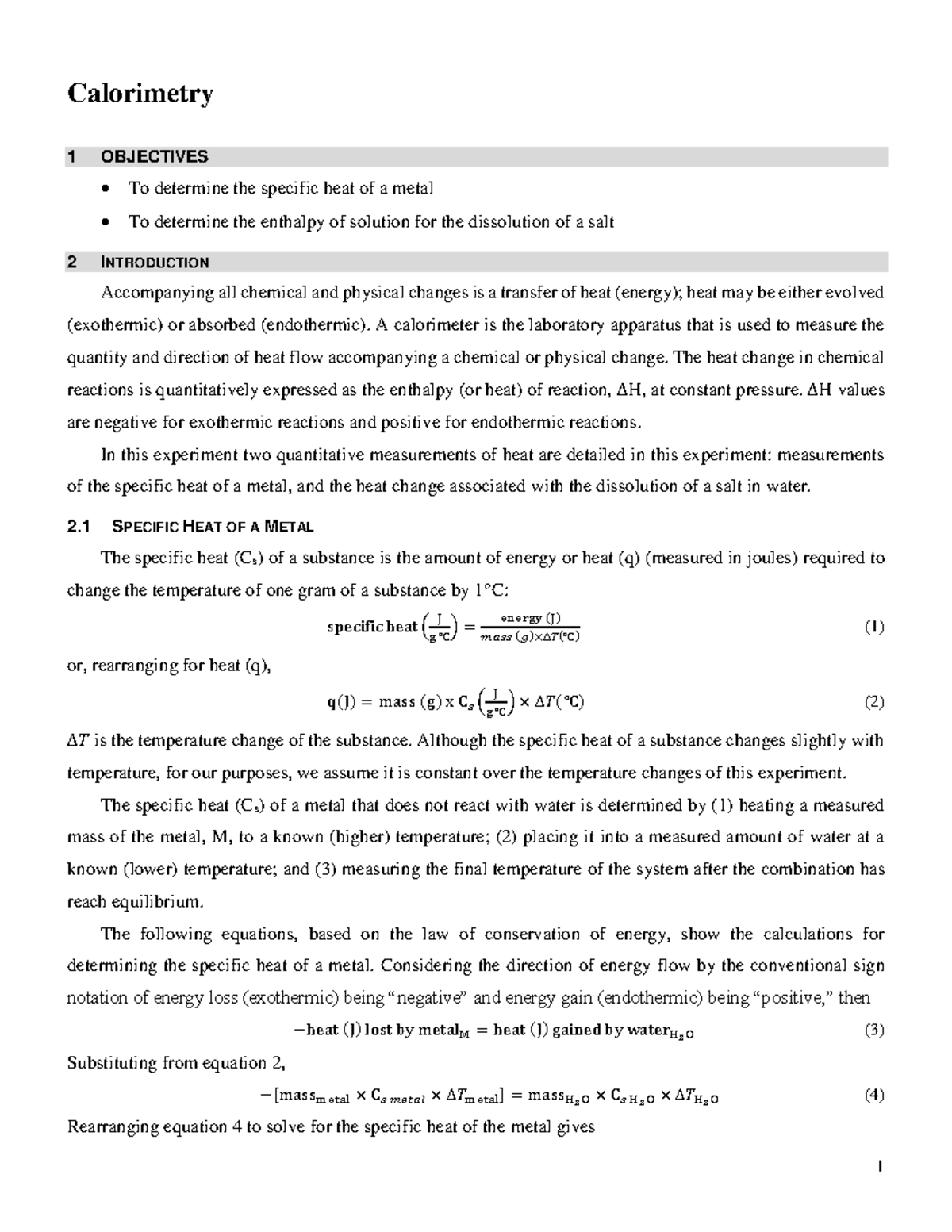 Calorimetry- Procedure (2) CHEM 1300 Lab - CHM3415C - USF - Studocu