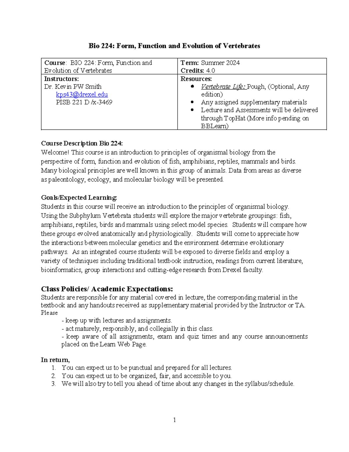 Bio224 Syllabus Su24 - Bio 224: Form, Function and Evolution of ...