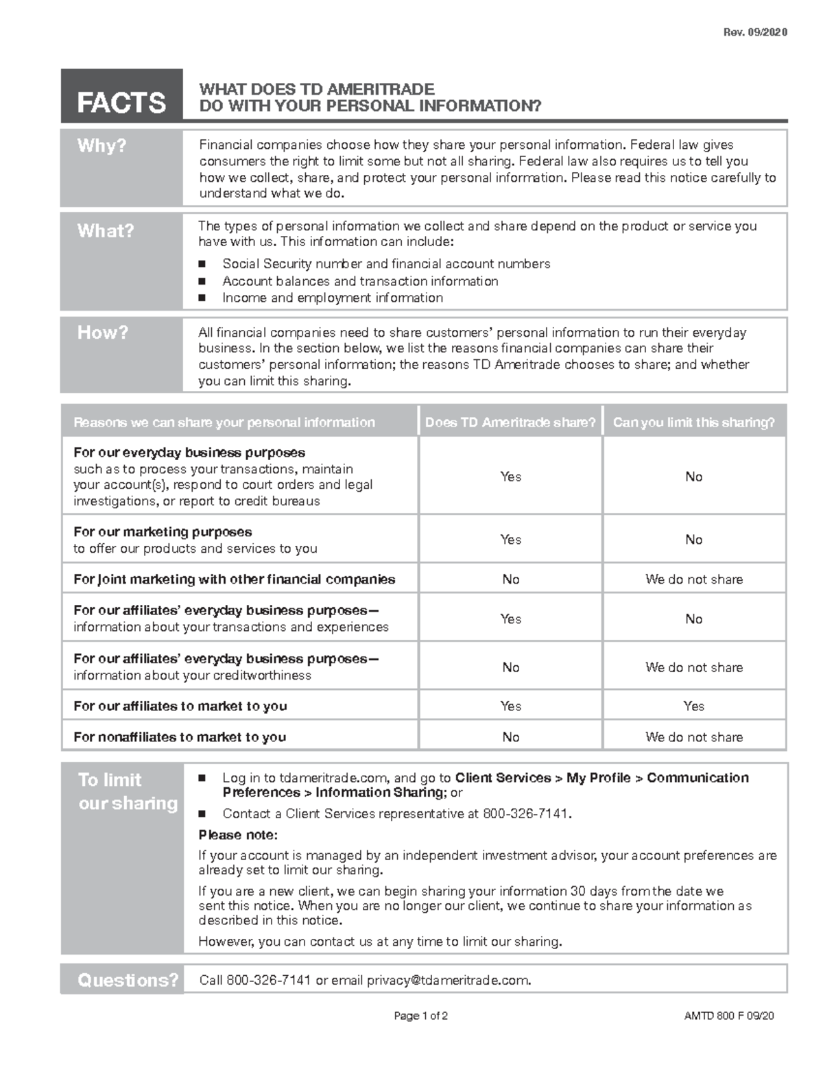 AMTD800 - Page 1 of 2 AMTD 800 F 09/ WHAT DOES TD AMERITRADE FACTS DO ...