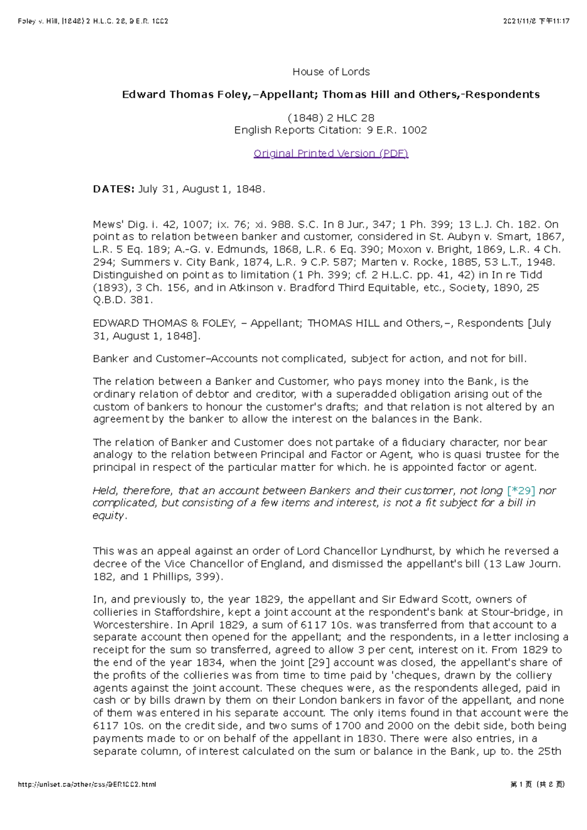 Foley v. Hill (1848) 2 H.L.C. 28 9 E.R. 1002 - Studocu