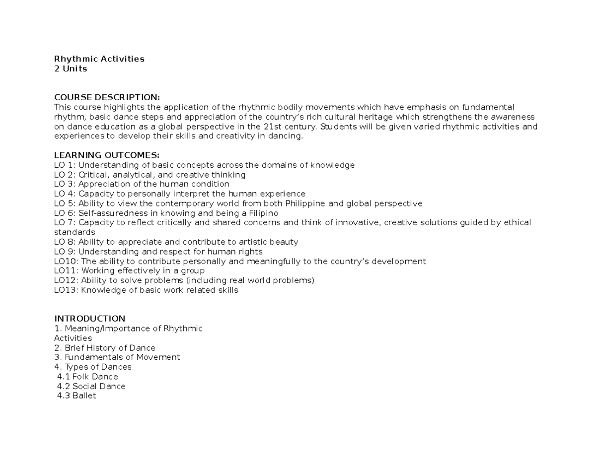 Syllabus-Rhythmic Activities - Rhythmic Activities 2 Units COURSE ...