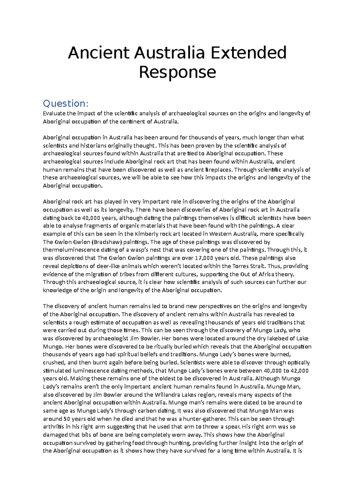 Ancient Australia Extended Response - Ancient Australia Extended ...