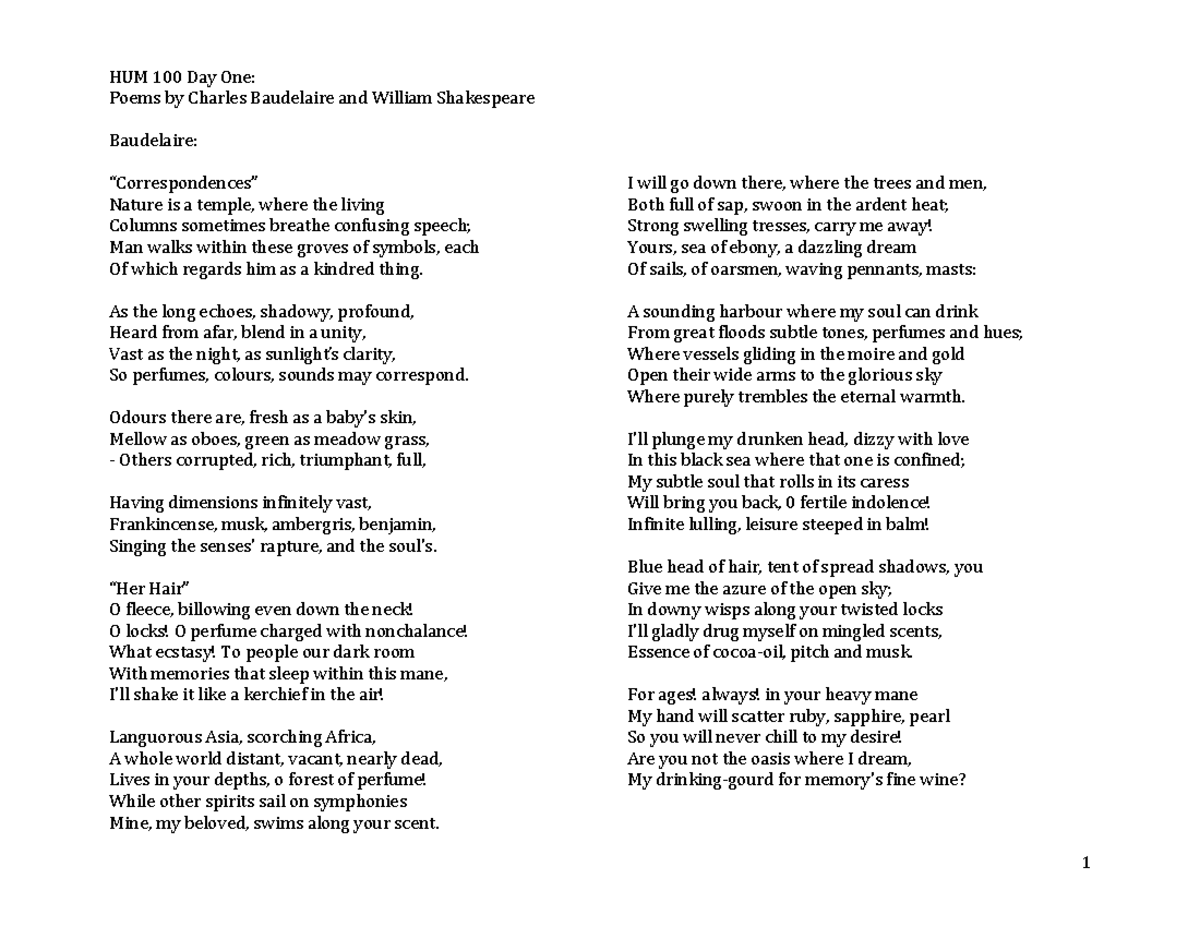 HUM 100 Baudelaire and Shakespeare - 1 HUM 100 Day One: Poems by ...