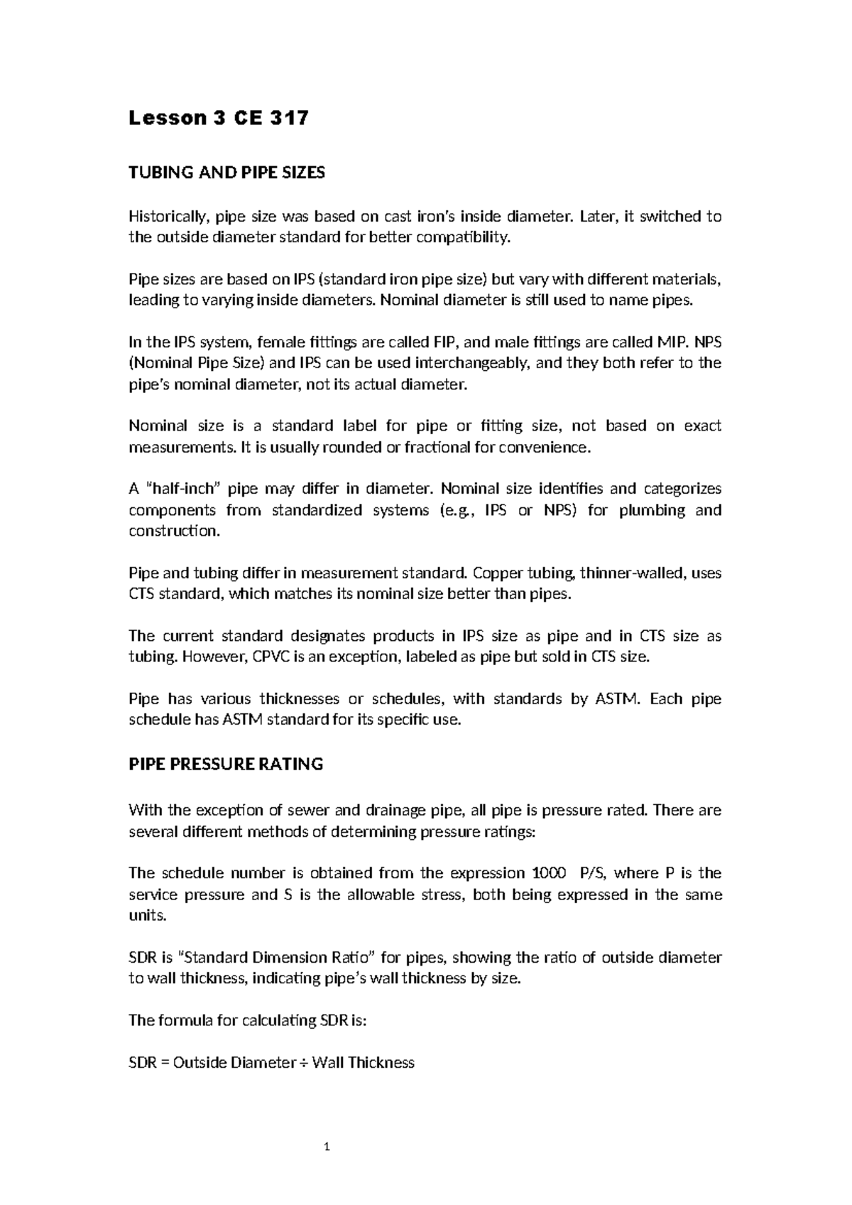 Lesson 3 CE 317 - All about plumbing - Lesson 3 CE 317 TUBING AND PIPE ...