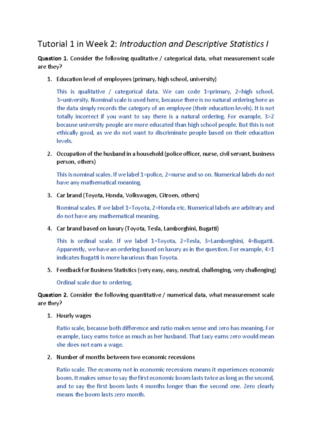 T 1 in Week 2 with answers (1) - Tutorial 1 in Week 2: Introduction and Descriptive Statistics I ...