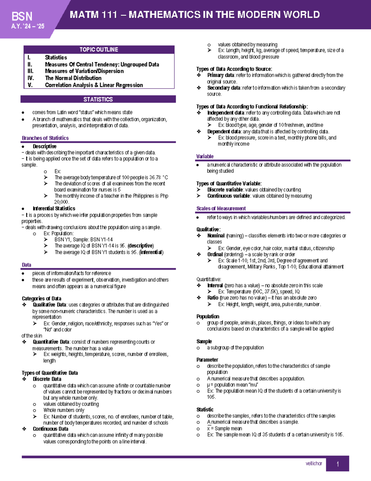 MATM111-midterm - Notes good luck - BSN A. ’2 4 – ‘2 5 STATISTICS comes ...