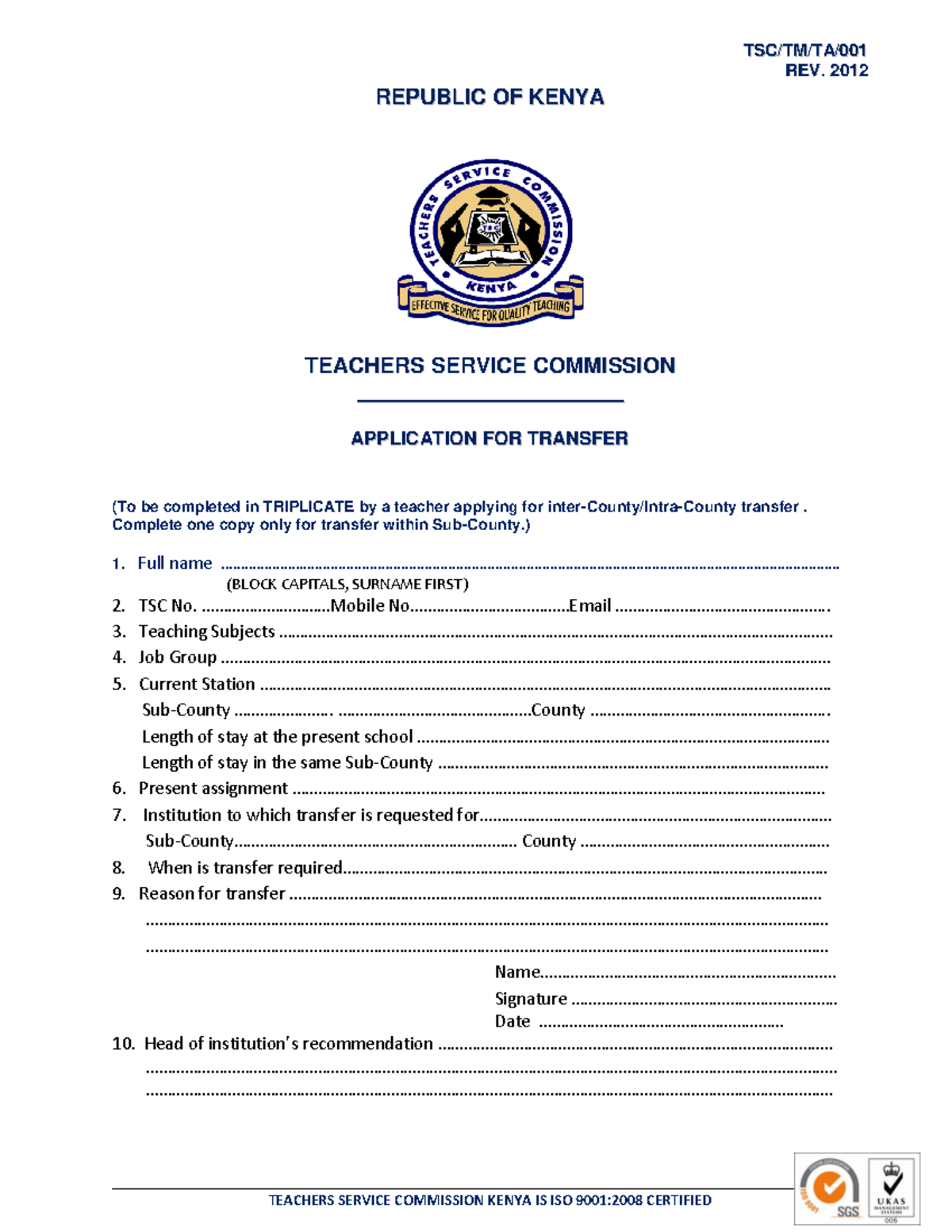 Transfer Form - TEACHERS SERVICE COMMISSION KENYA IS ISO 9001:2008 ...