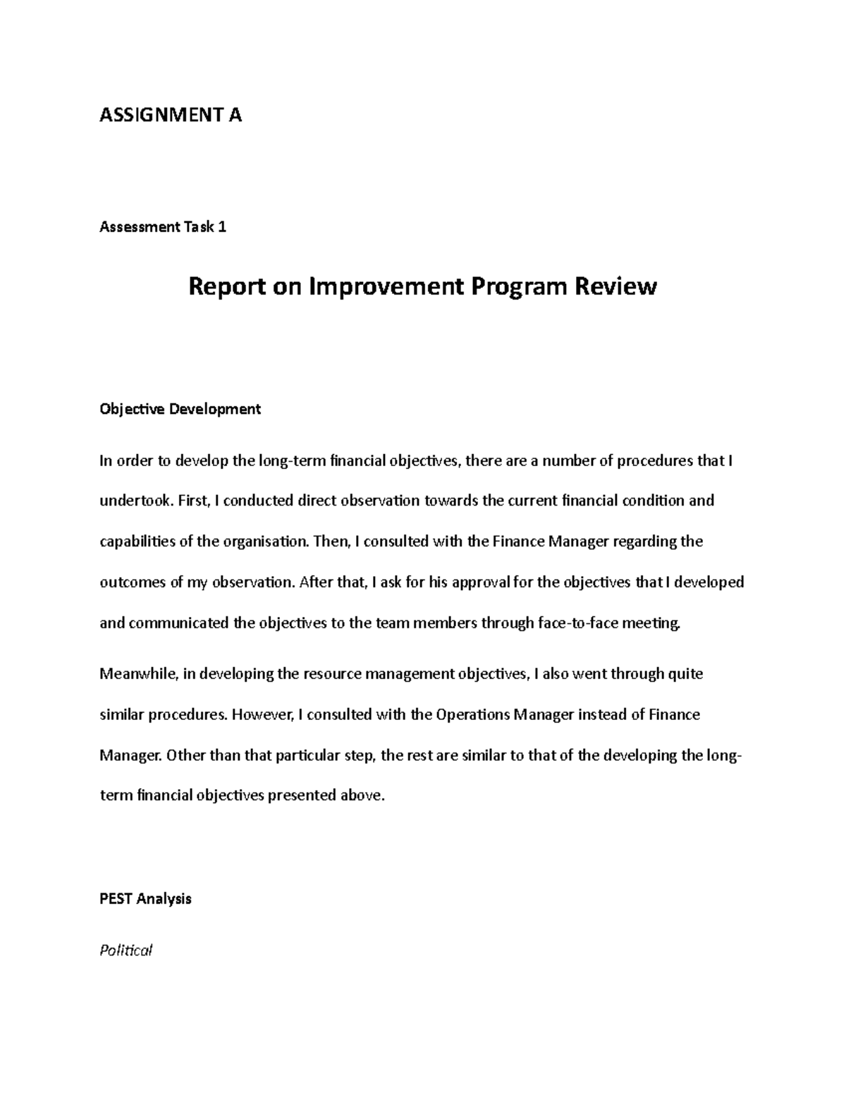 Report on Improvement Program Review - ASSIGNMENT A Assessment Task 1 ...