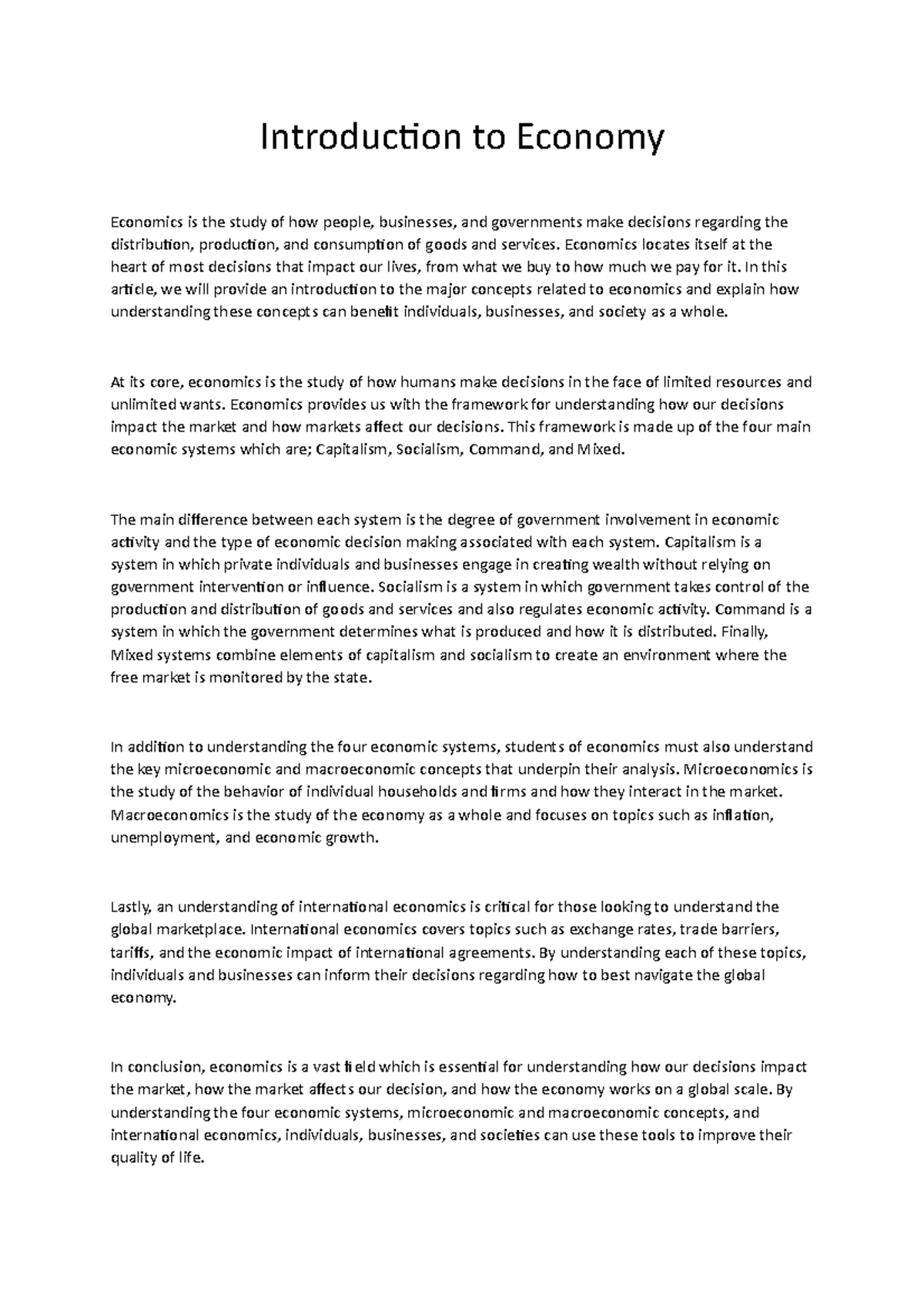 Introduction to Econom 1 - Introduction to Economy Economics is the ...