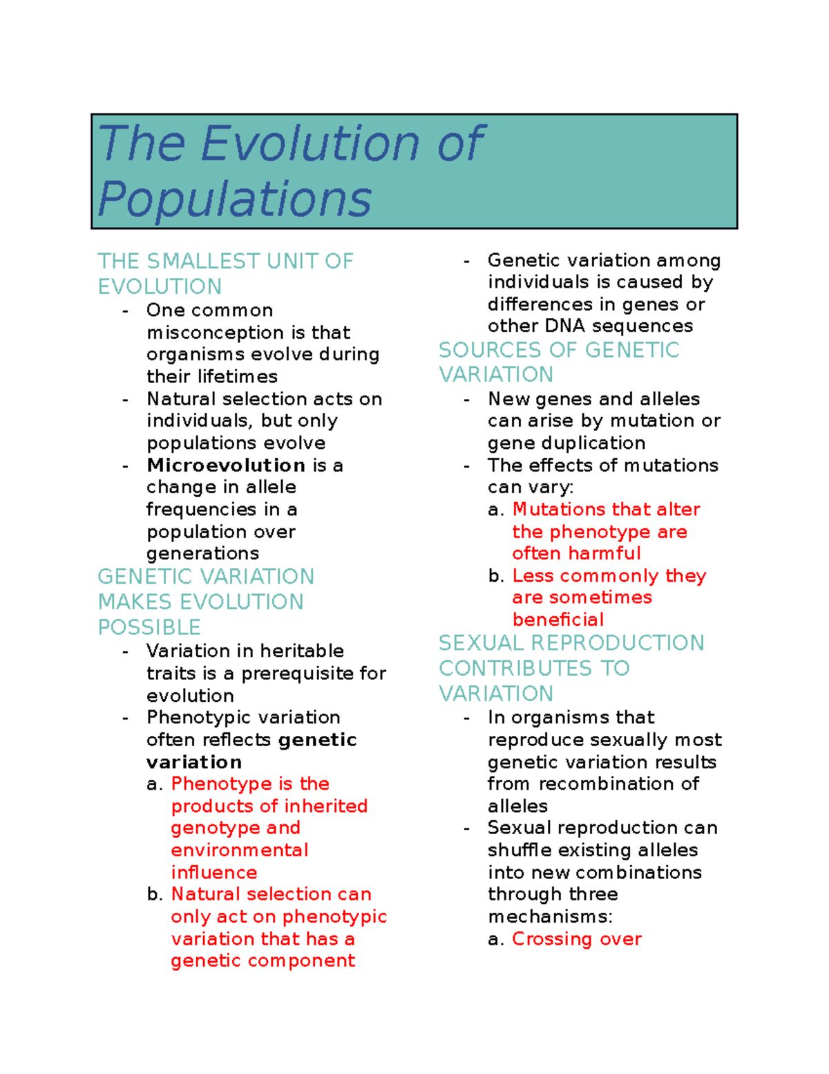 Biology 191 Ch 21 Notes - The Evolution of Populations THE SMALLEST ...
