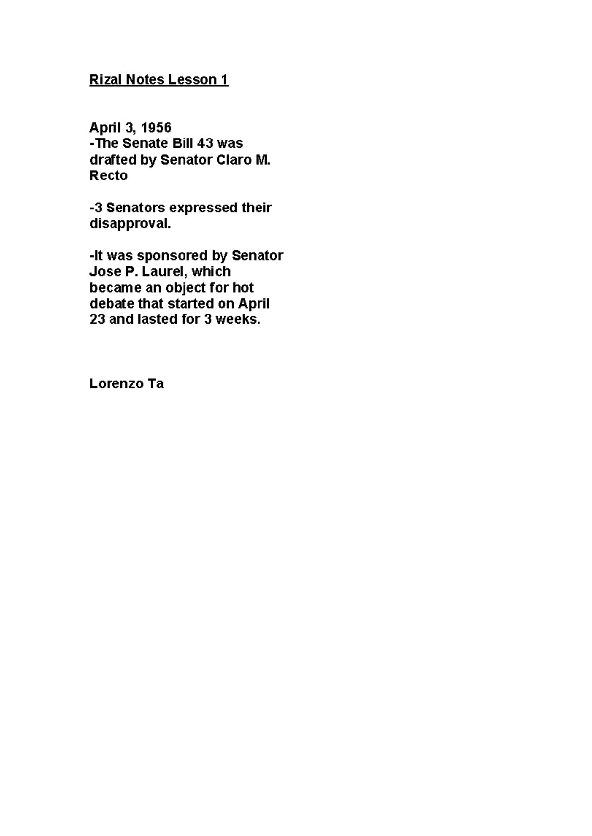 Rizal Lesson 2 Notes - Rizal Notes Lesson 1 April 3, 1956 -The Senate ...