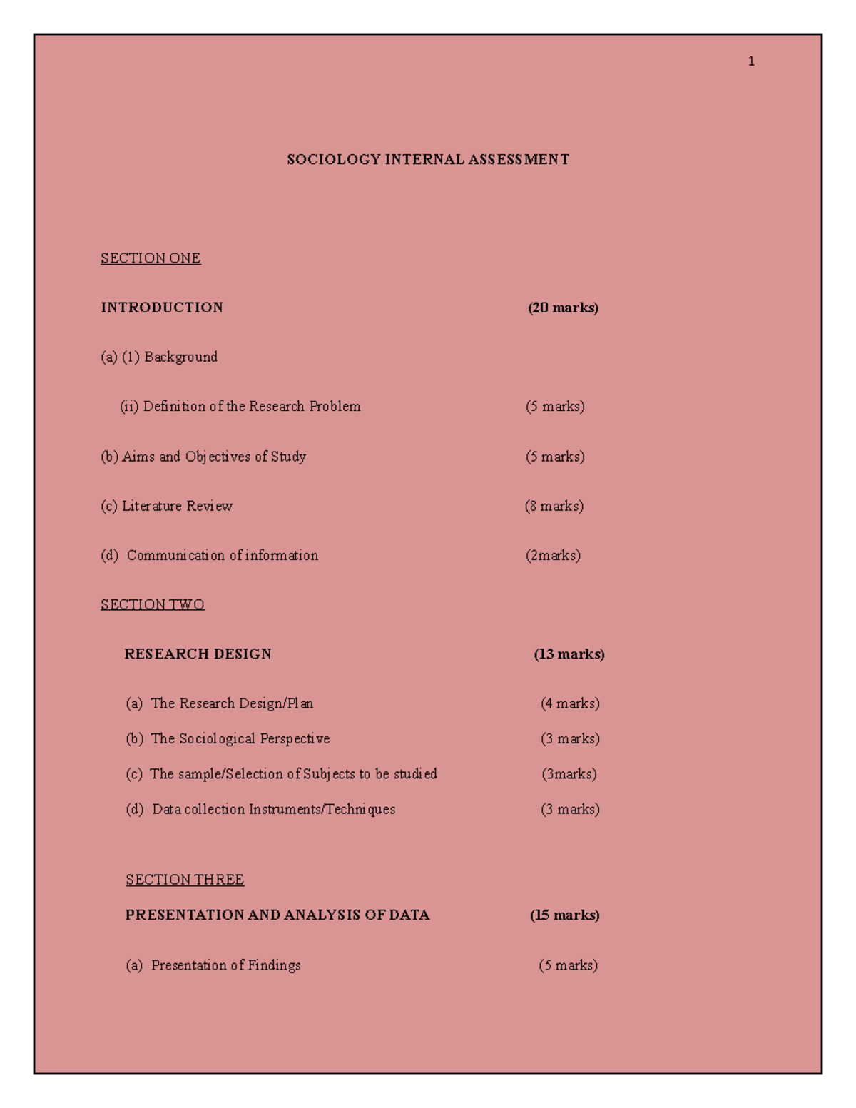 Sociology Internal Assessment Guidelines 2021 SOCIOLOGY INTERNAL