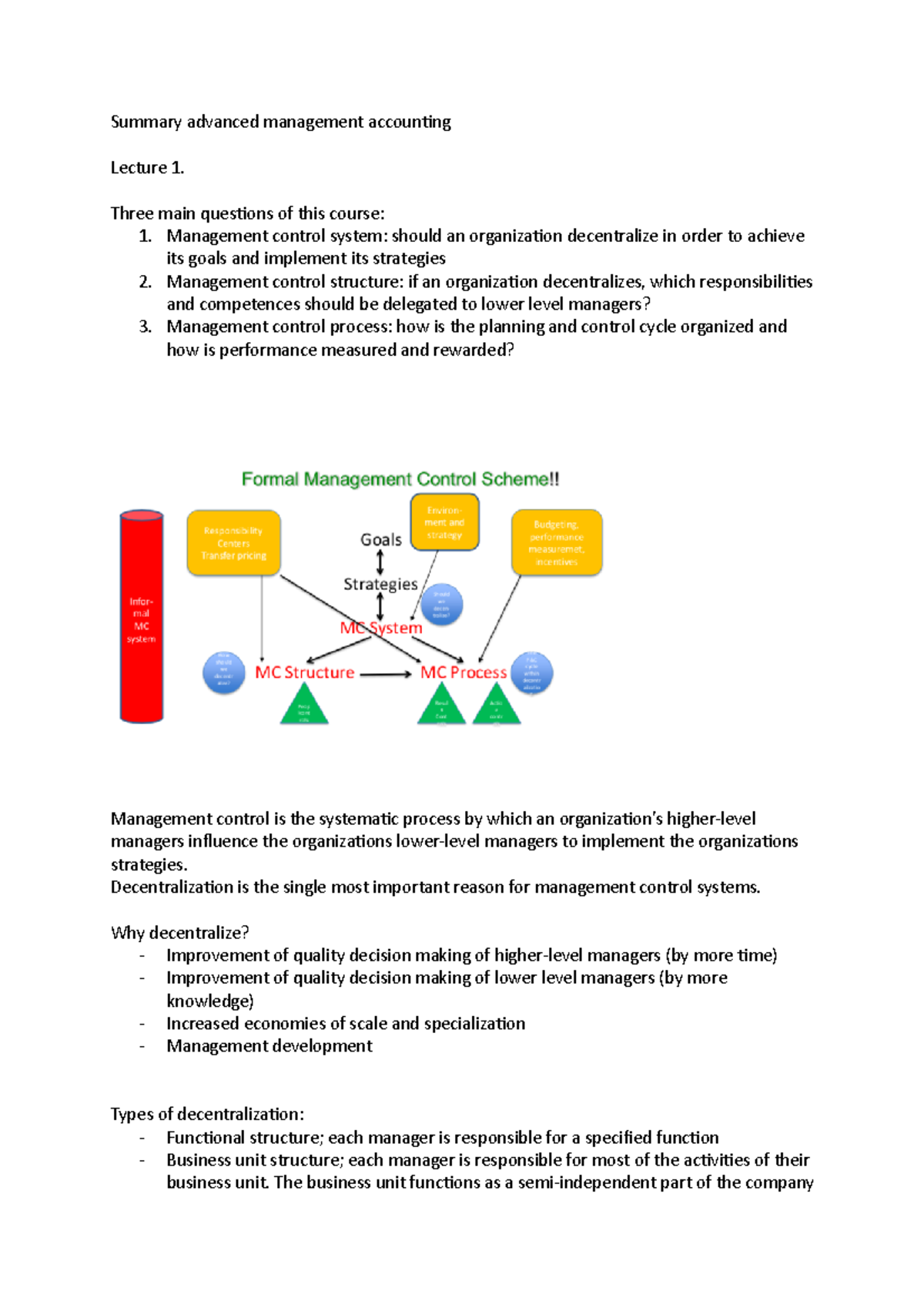 Summary Advanced management accounting - Summary advanced management accounting Lecture 1. Three ...