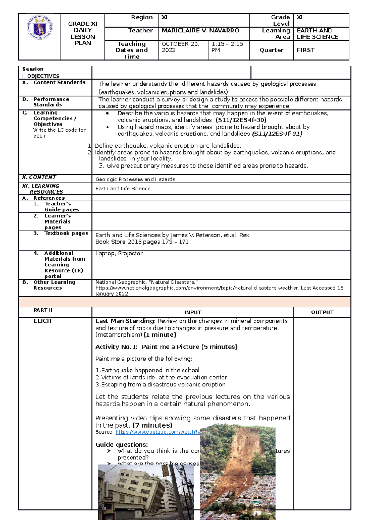 DLP CO1 ELS QTR1 - GEOLOGIC HAZARDS - GRADE XI DAILY LESSON PLAN Region ...