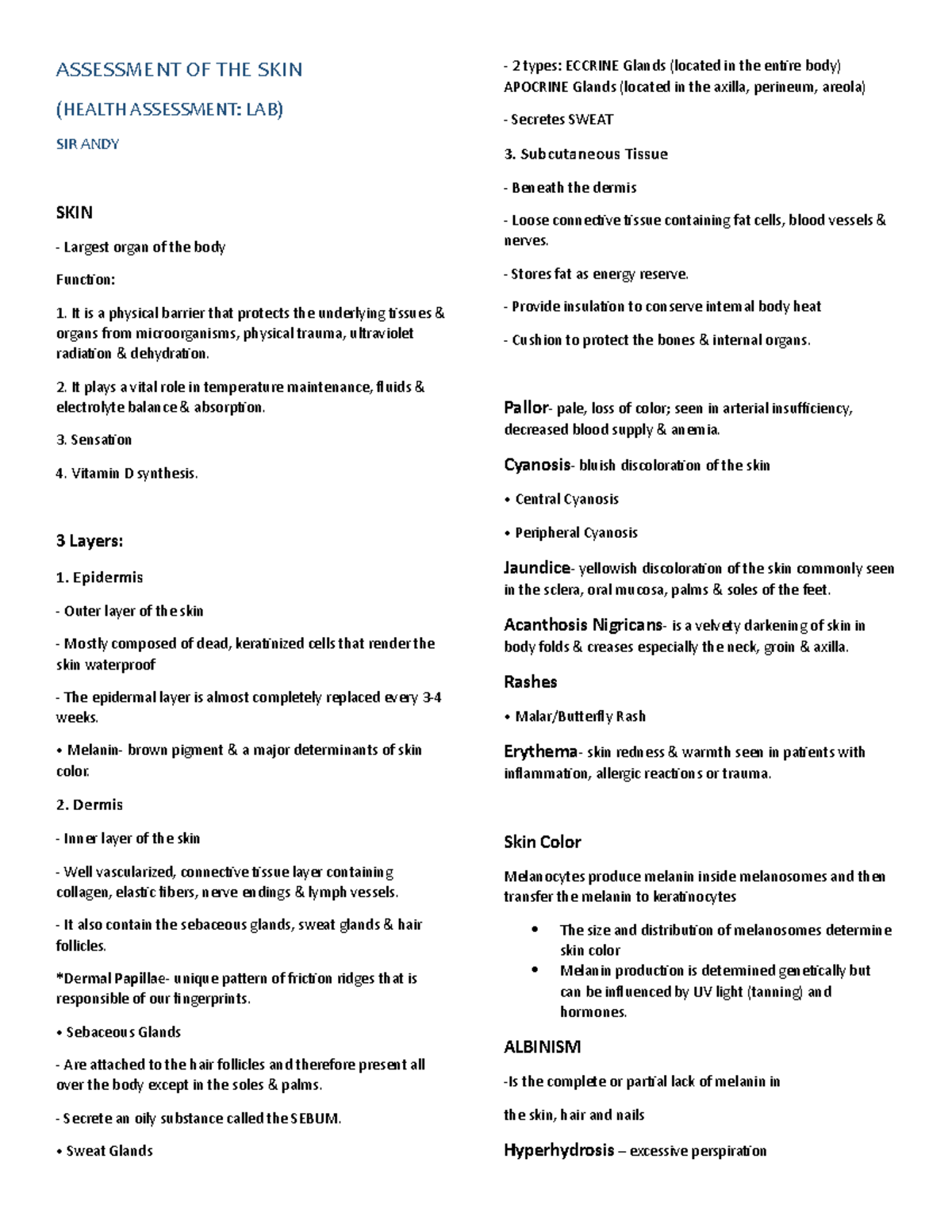 SKIN- Reviewer - ASSESSMENT OF THE SKIN (HEALTH ASSESSMENT: LAB) SIR ...