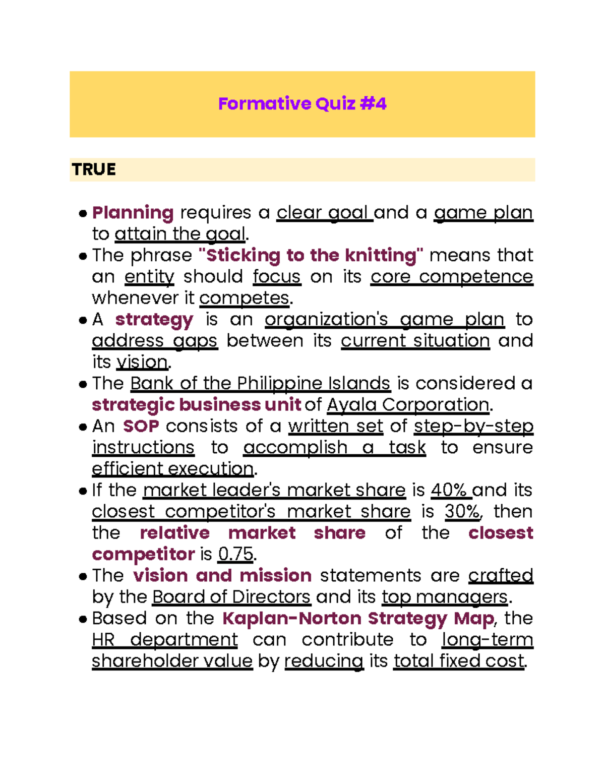 MGT 101 - Formative Quiz 4-6 - Formative Quiz # TRUE Planning requires ...