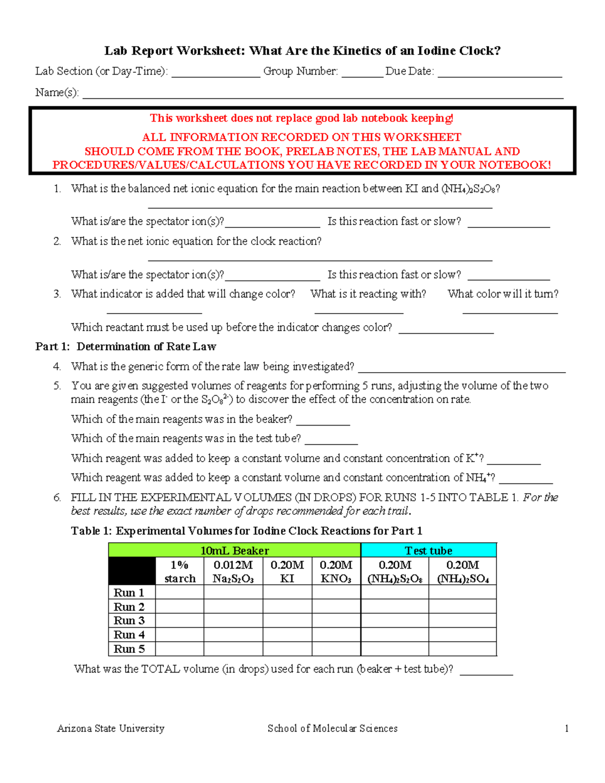 What are the Kinetics of an Iodine Clock Reaction Worksheet Student ...