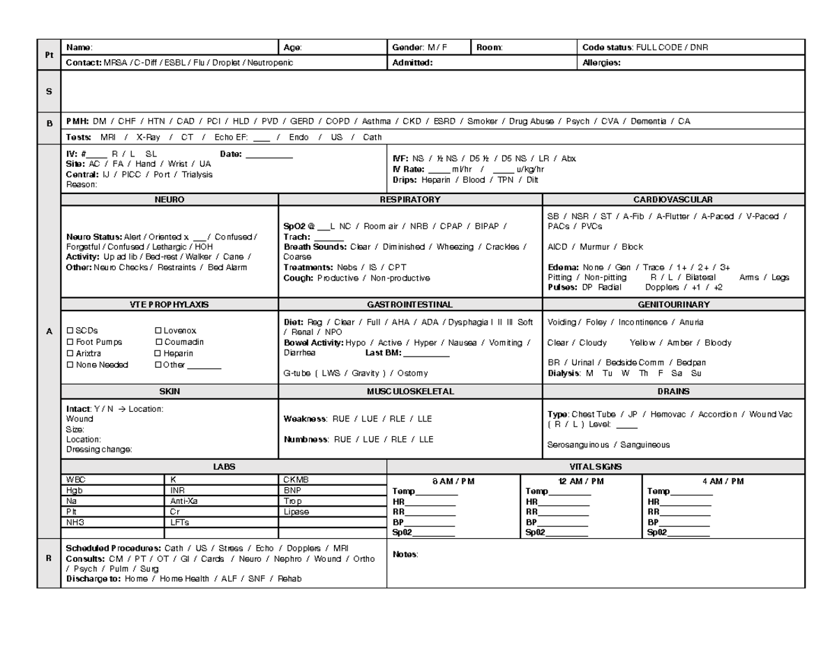 Nurse Handoff Sheet - Pt Name: Age: Gender: M / F Room: Code status ...
