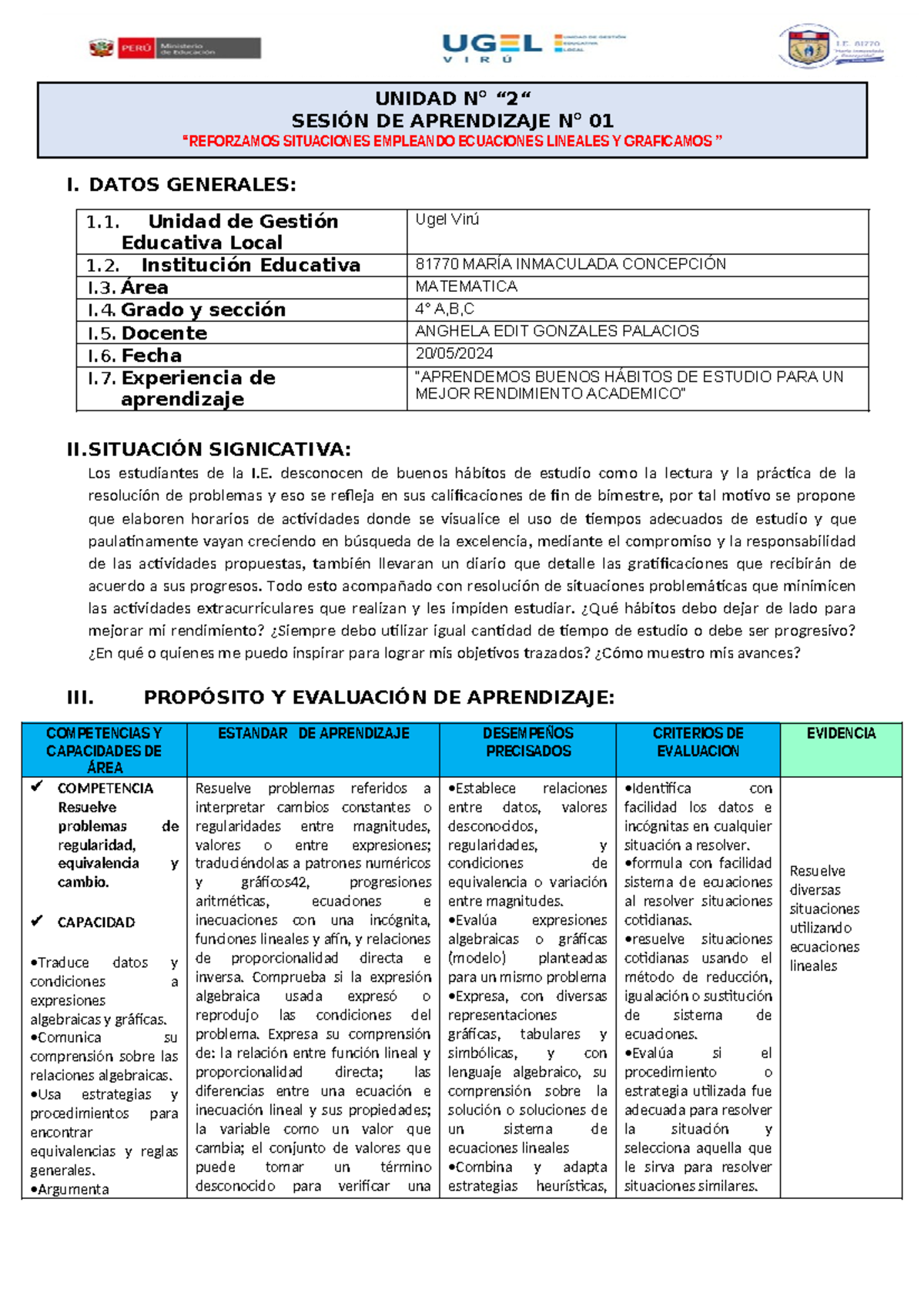 Sesión DE Aprendizaje 01 4°U2 - I. DATOS GENERALES: 1. Unidad de Gestión Educativa Local Ugel ...
