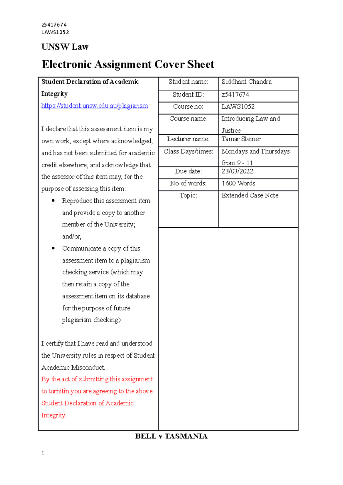 Sid Chandra Extended Case Note - LAWS UNSW Law Electronic Assignment Cover Sheet Student ...