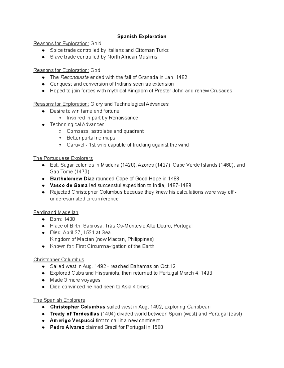 U.S. Hist 1301 Class Notes - Spanish Exploration Reasons for ...